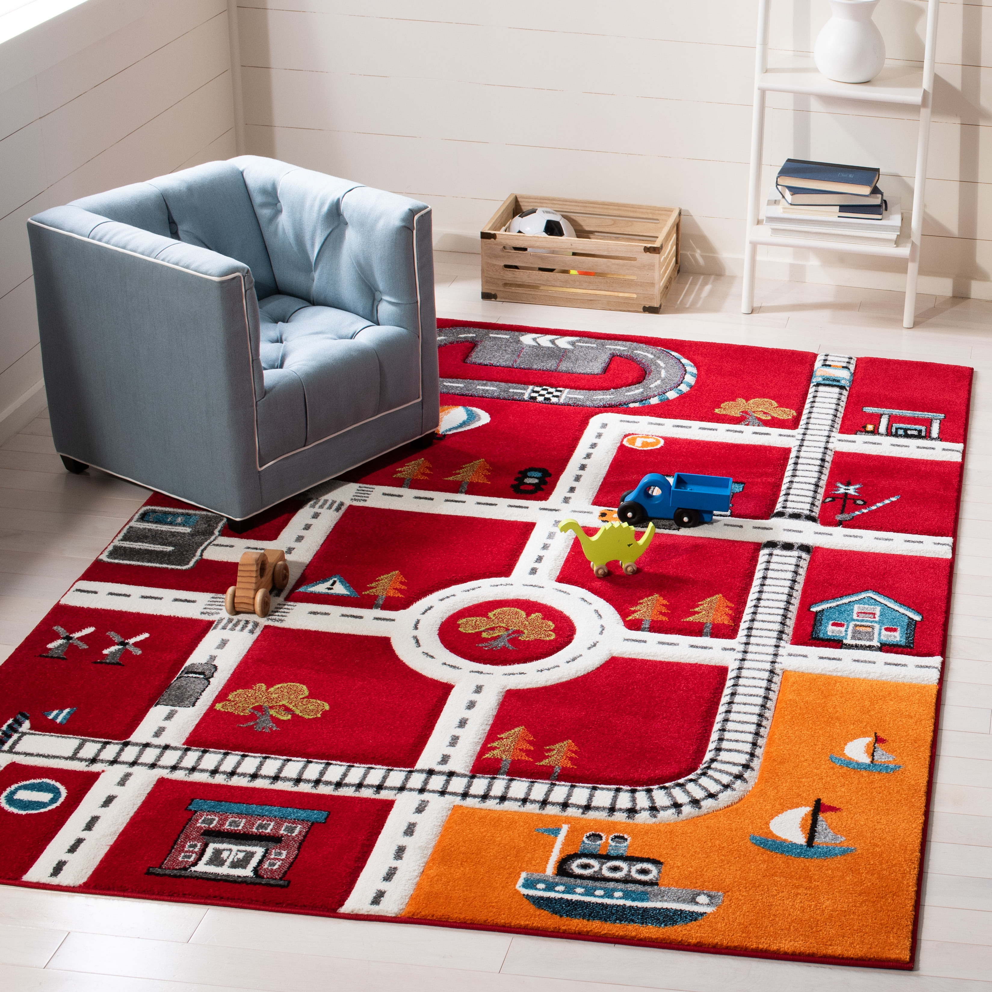 SAFAVIEH Carousel Kids Devan Train Track Area Rug, Red/Ivory, 5'3" x 5 ...