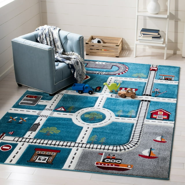SAFAVIEH Carousel Kids Devan Train Track Area Rug, Turquoise/Ivory, 5'3 ...
