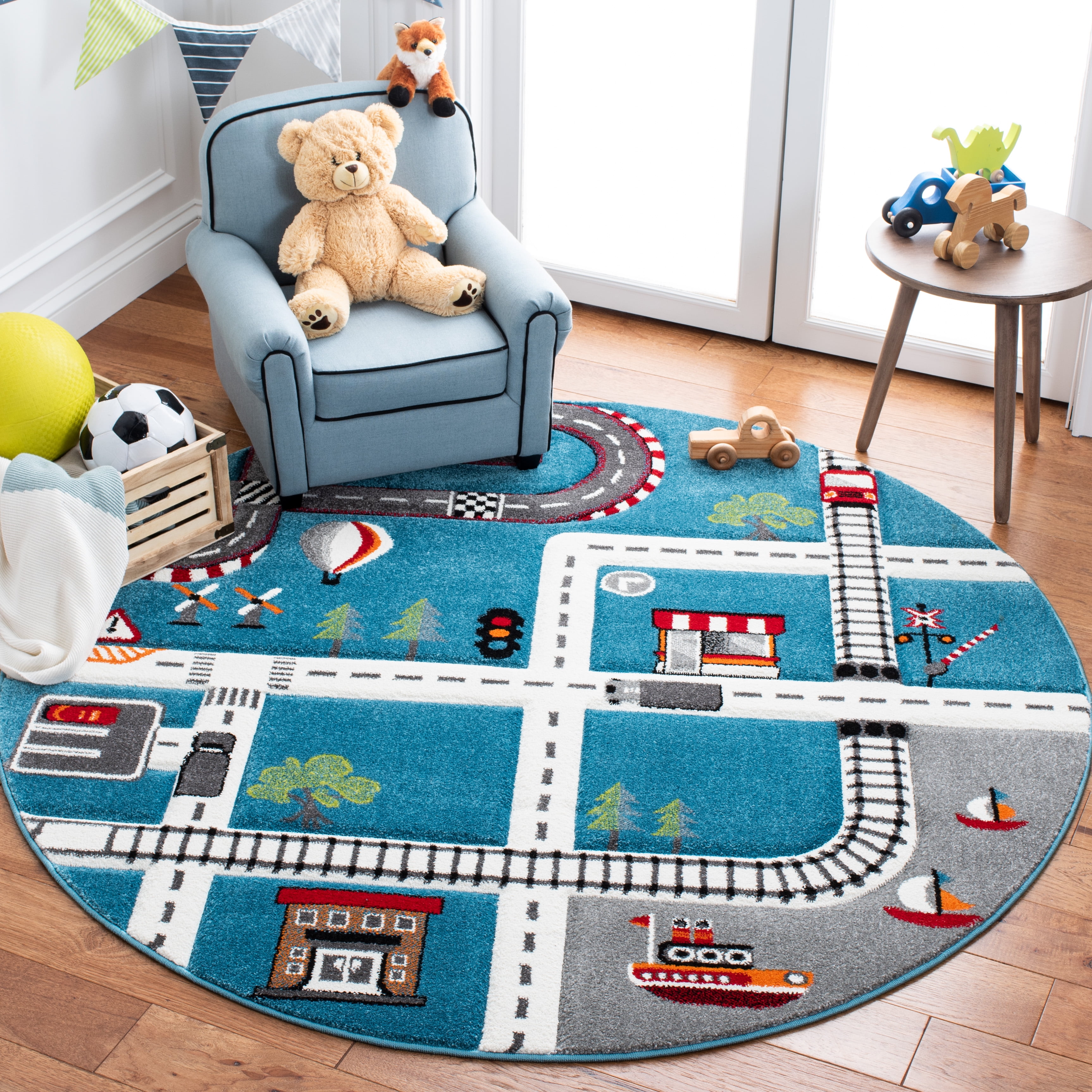 SAFAVIEH Carousel Kids Devan Train Track Area Rug, Turquoise/Ivory, 6'7 ...