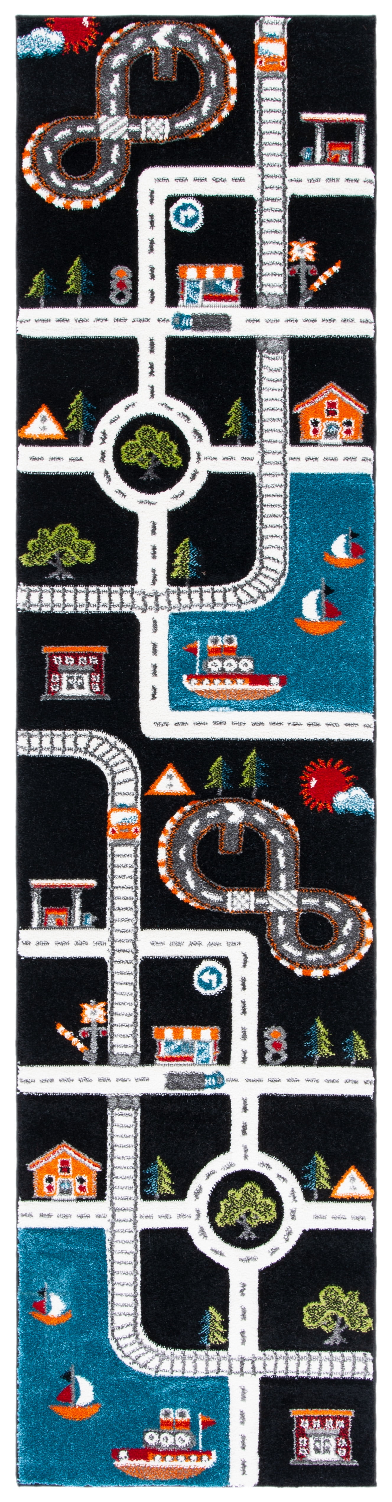 SAFAVIEH Carousel Kids Devan Train Track Runner Rug, Black/Ivory, 2'3 ...