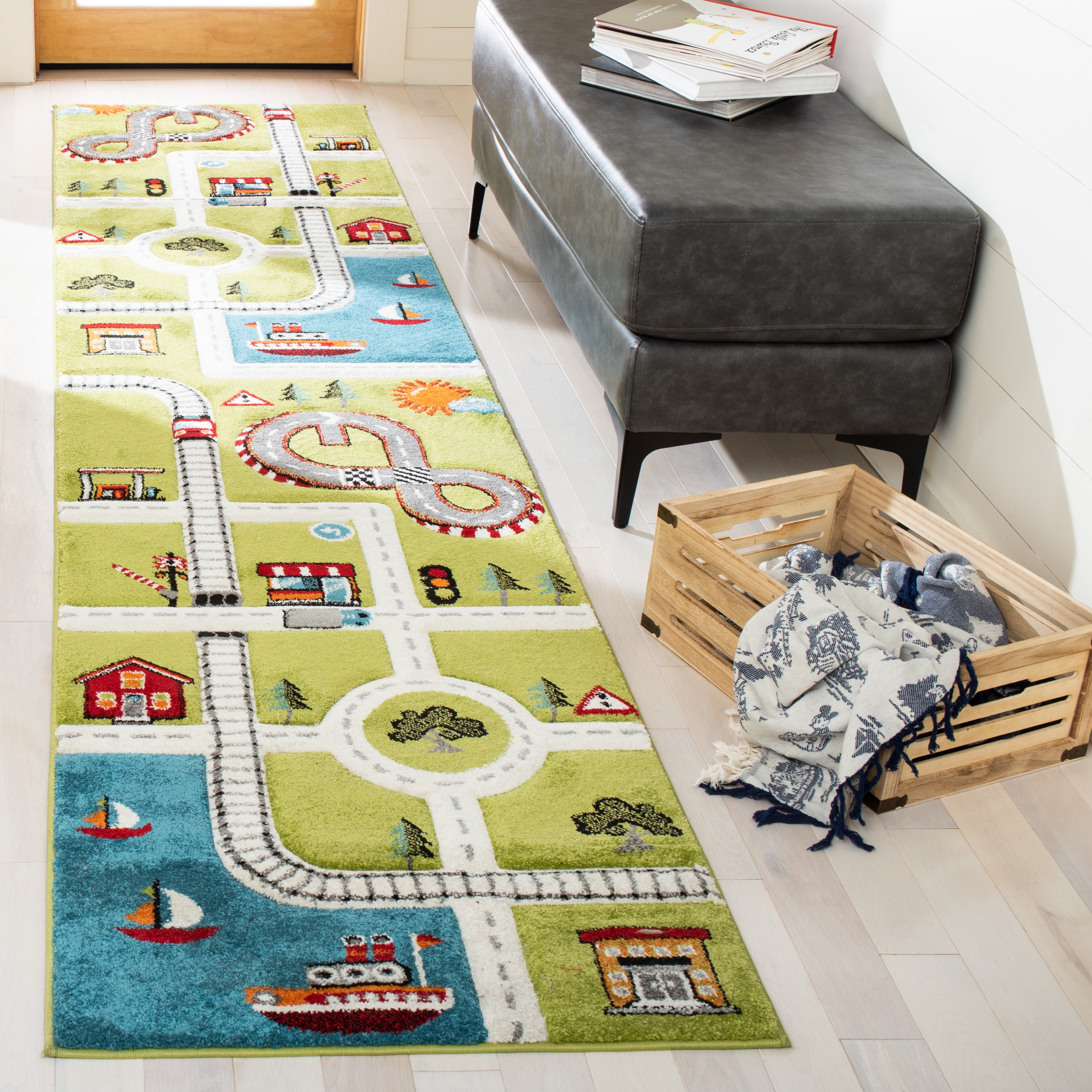 SAFAVIEH Carousel Kids Devan Train Track Runner Rug, Green/Ivory, 2'3 ...