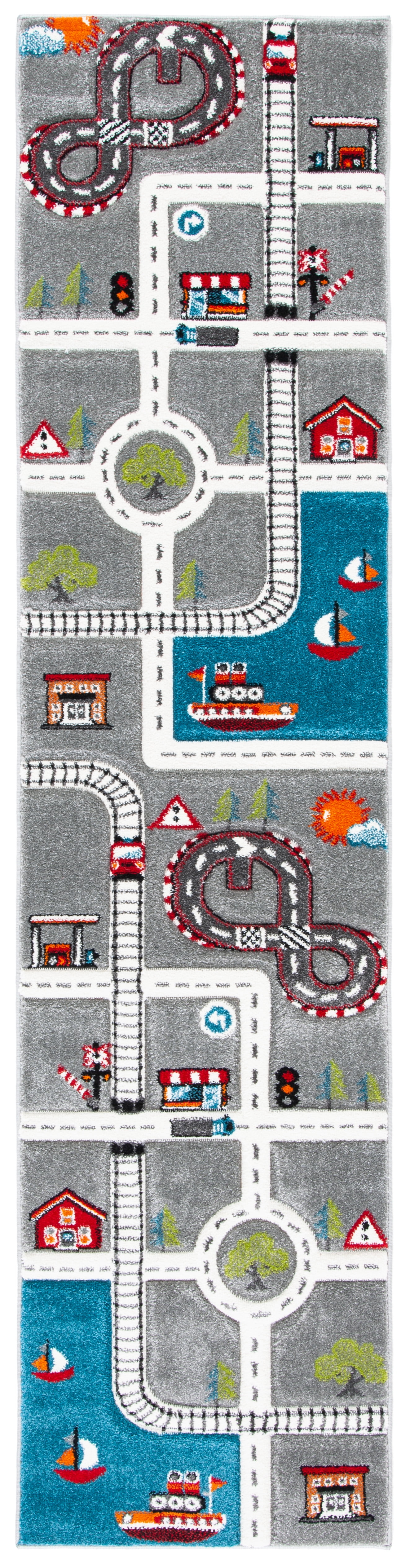 SAFAVIEH Carousel Kids Devan Train Track Runner Rug, Grey/Ivory, 2'3" x ...