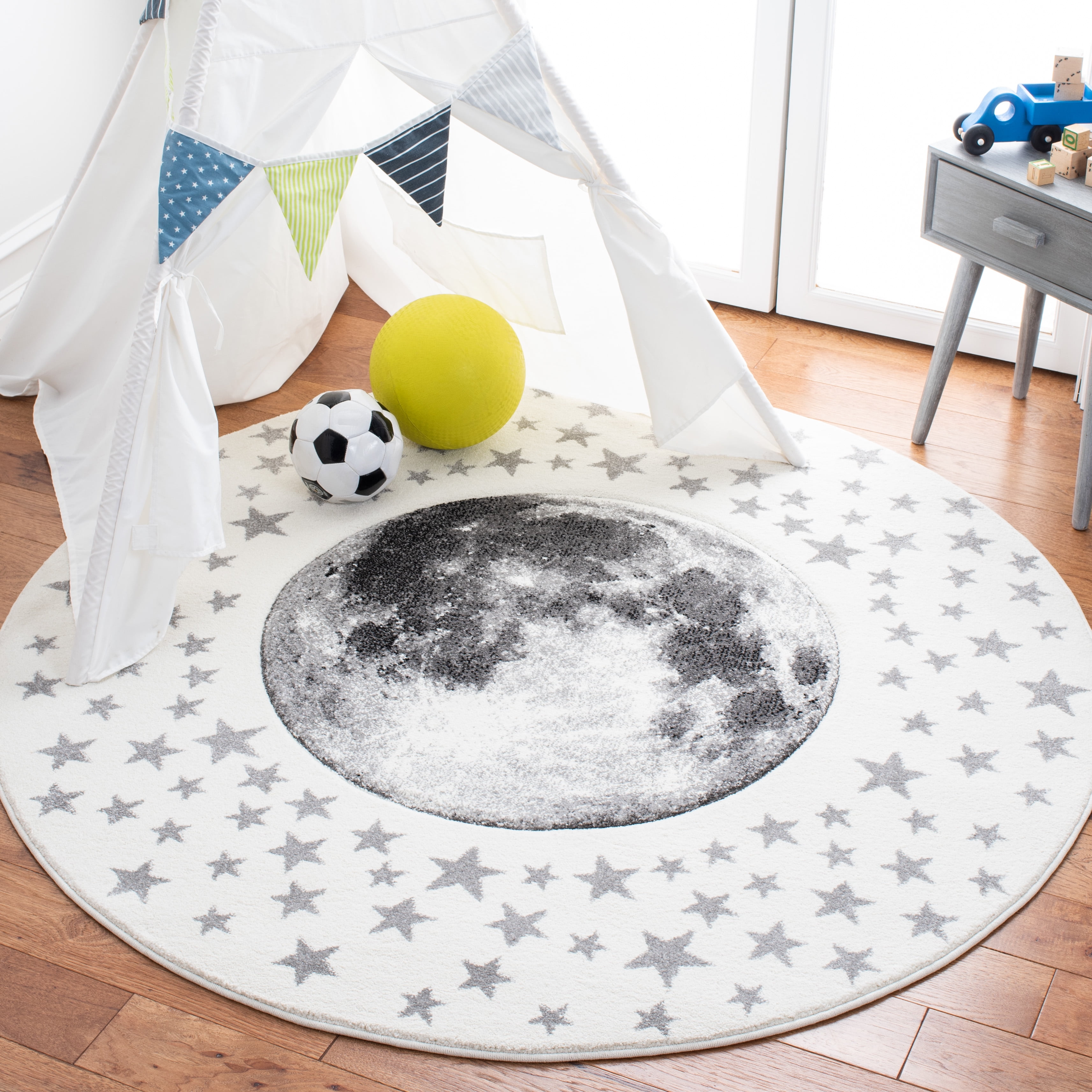 SAFAVIEH Carousel Kids Moon in the Stars Area Rug, Ivory/Grey, 4' x 4 ...
