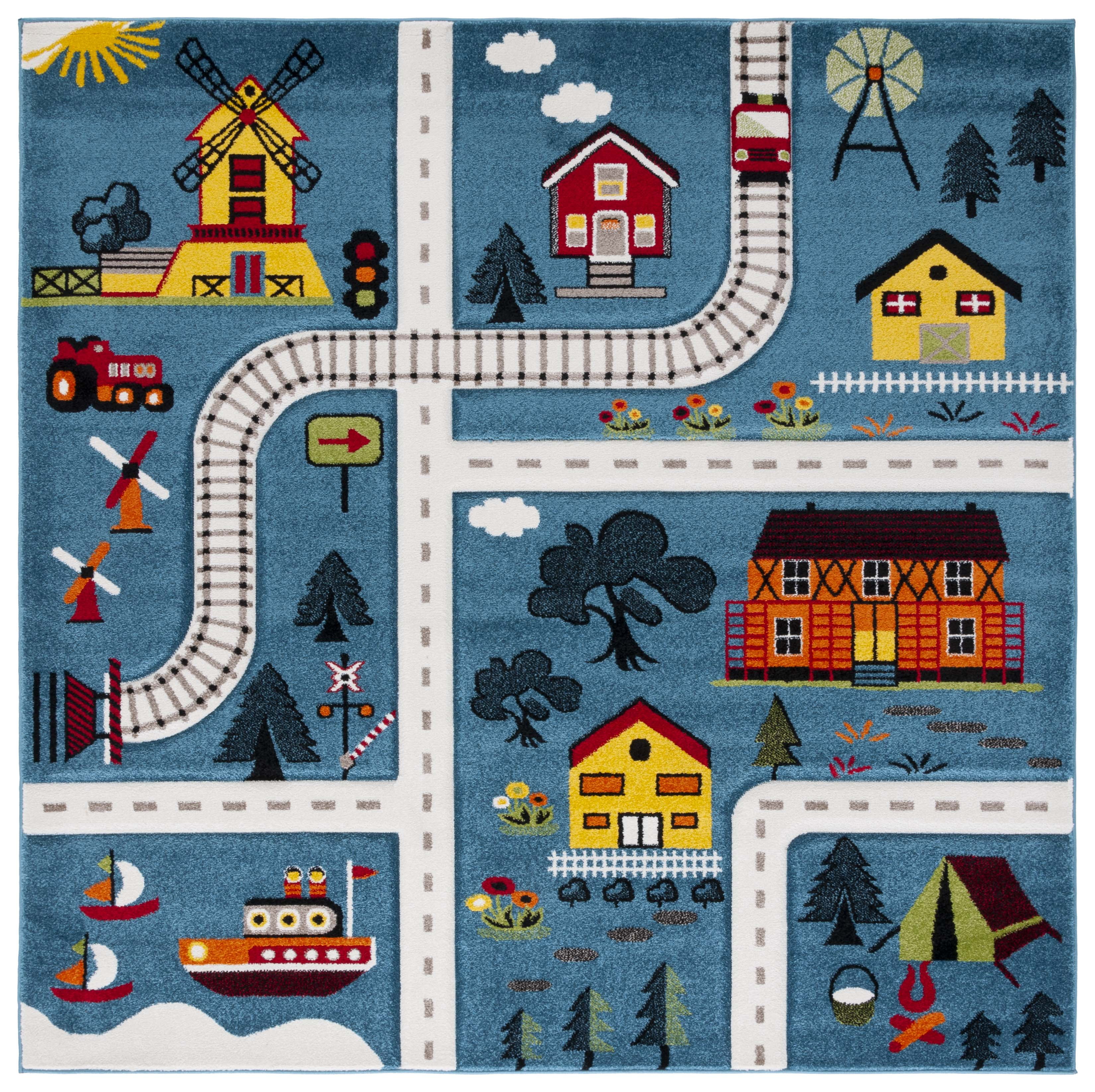 SAFAVIEH Carousel Kids Railroad Town Area Rug, Blue/Beige, 6'7" x 6'7 ...
