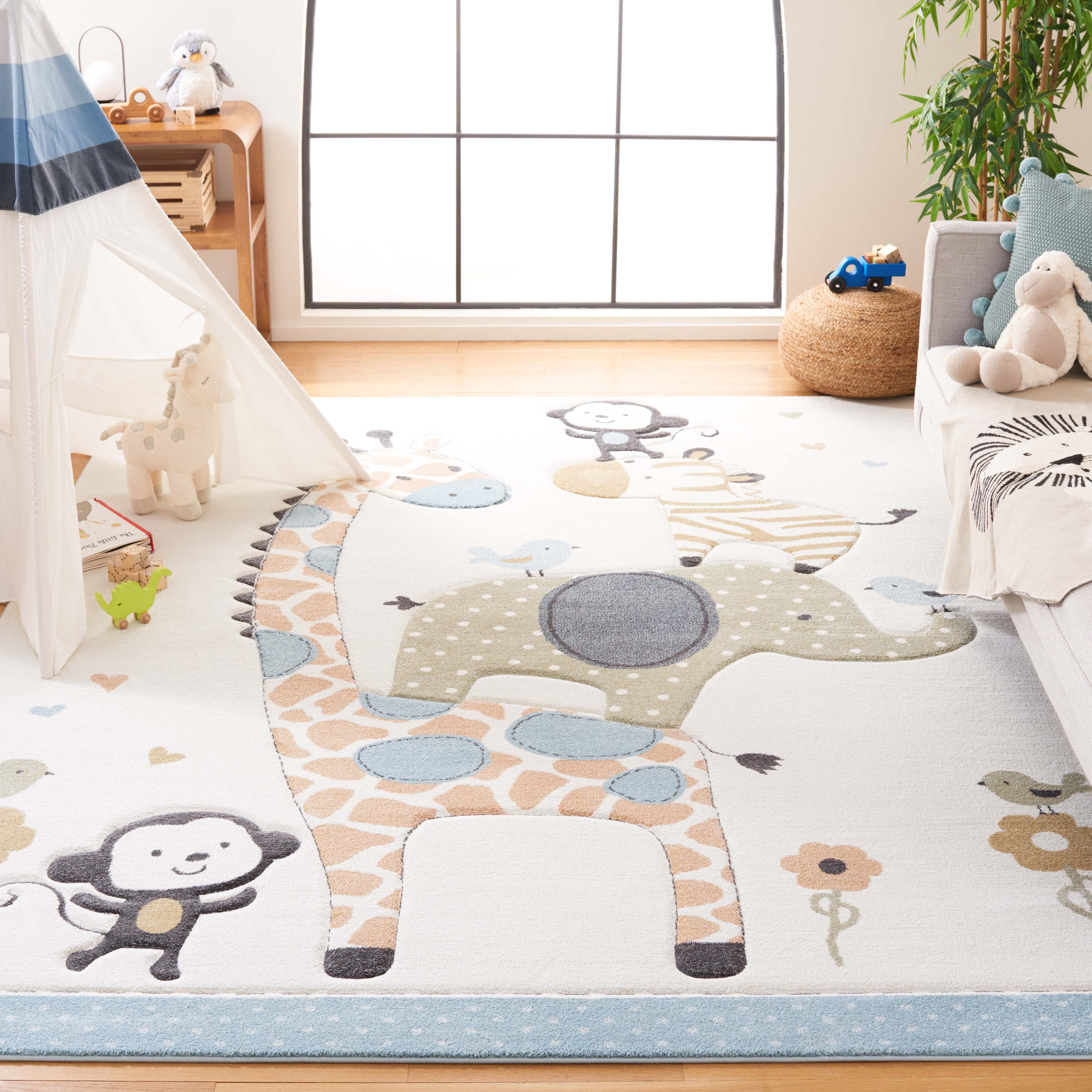 SAFAVIEH Carousel Kids Taneka Animals at Play Area Rug, Ivory, 9' x 9 ...