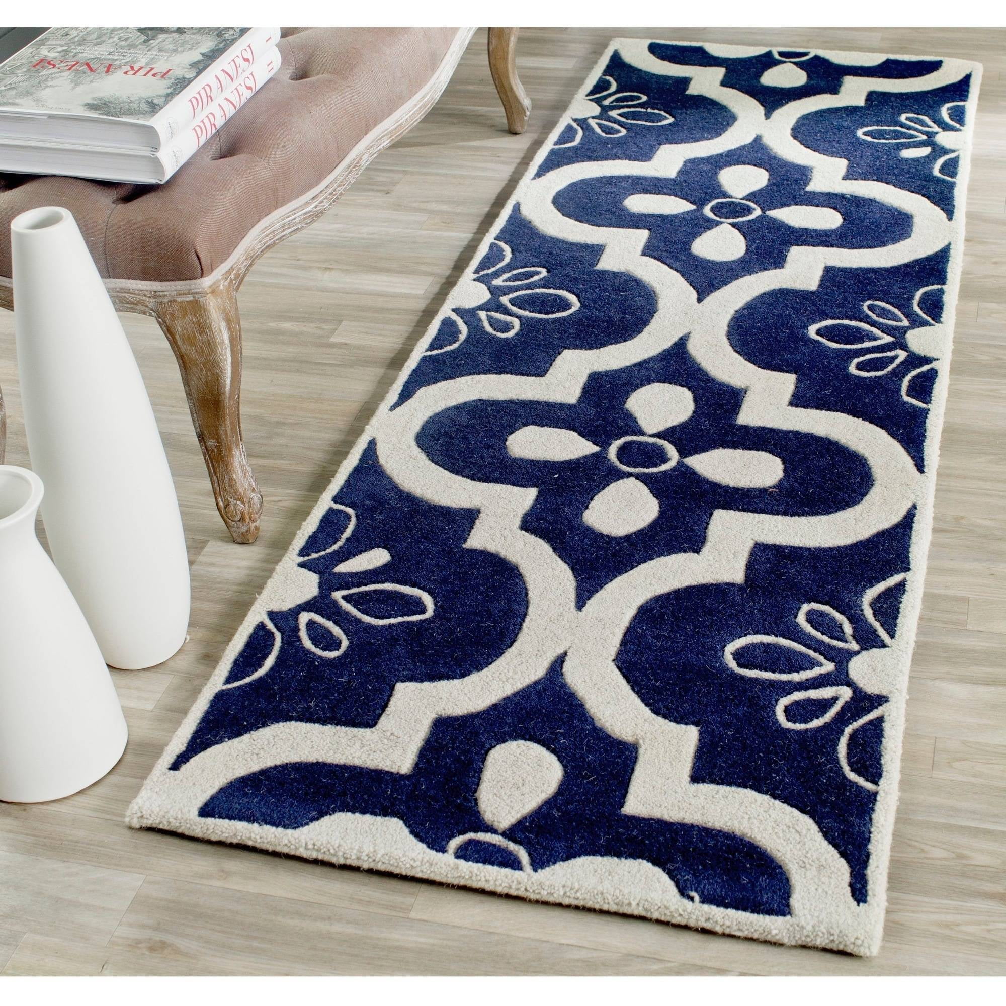 SAFAVIEH Chatham Derrick Geometric Wool Runner Rug, Dark Blue/Ivory, 2 ...
