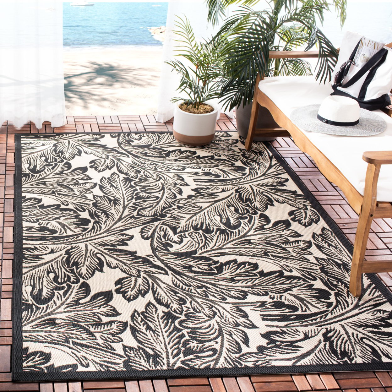 SAFAVIEH Courtyard Connie Floral Indoor/Outdoor Area Rug, Sand/Black, 8 ...