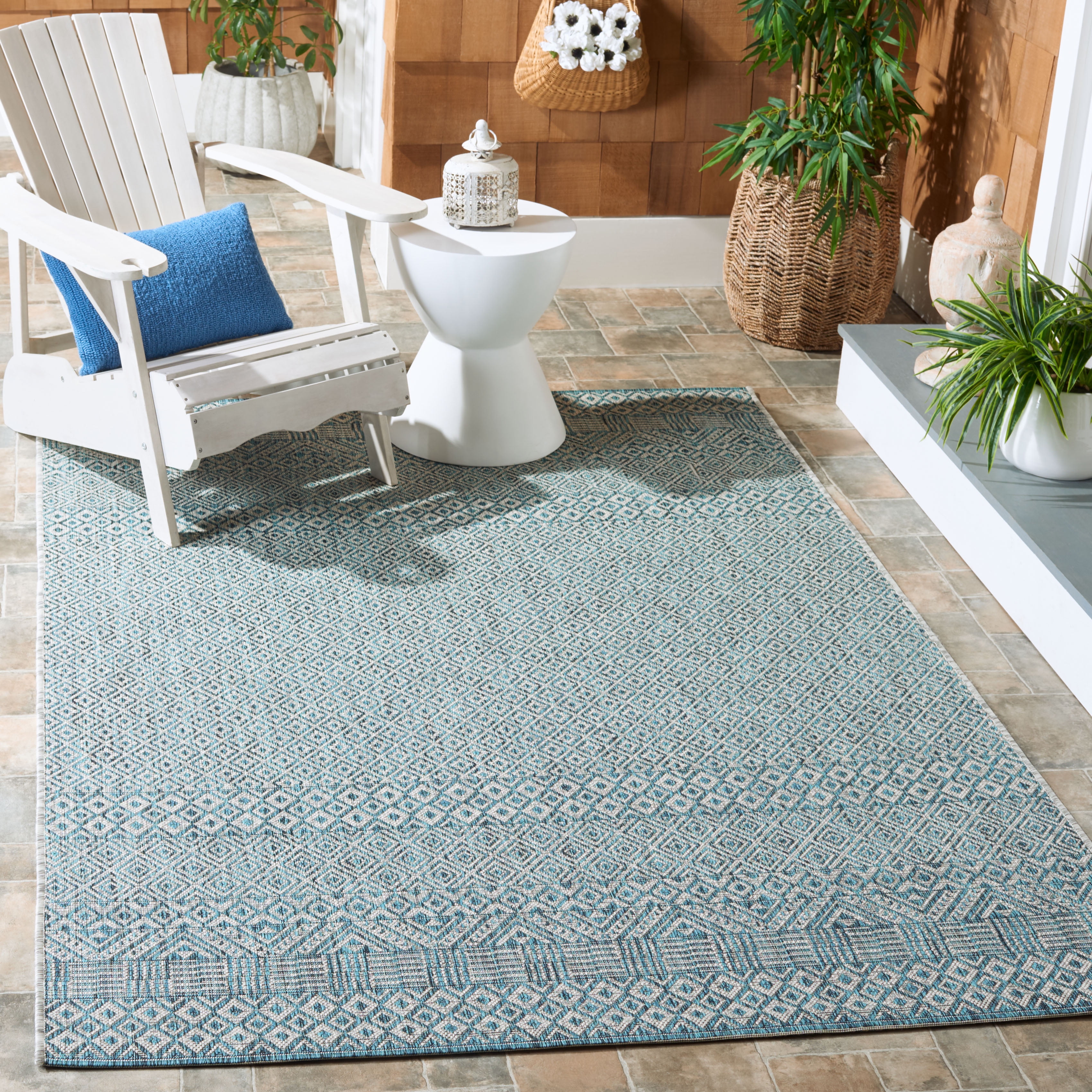 SAFAVIEH Courtyard Evander Geometric Indoor/Outdoor Area Rug, Gray/Aqua ...