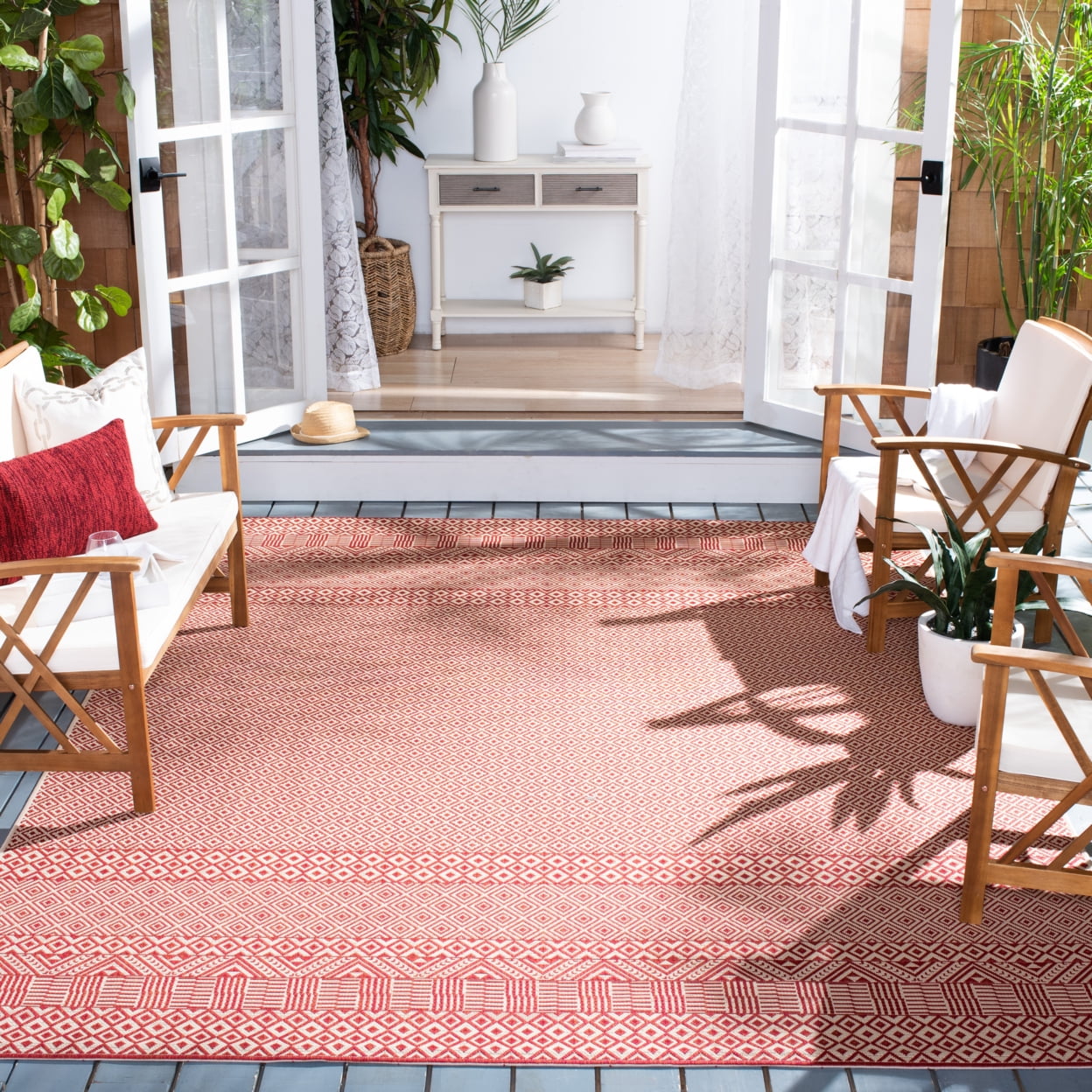 SAFAVIEH Courtyard Naomi Geometric Indoor/Outdoor Area Rug, Beige/Red ...
