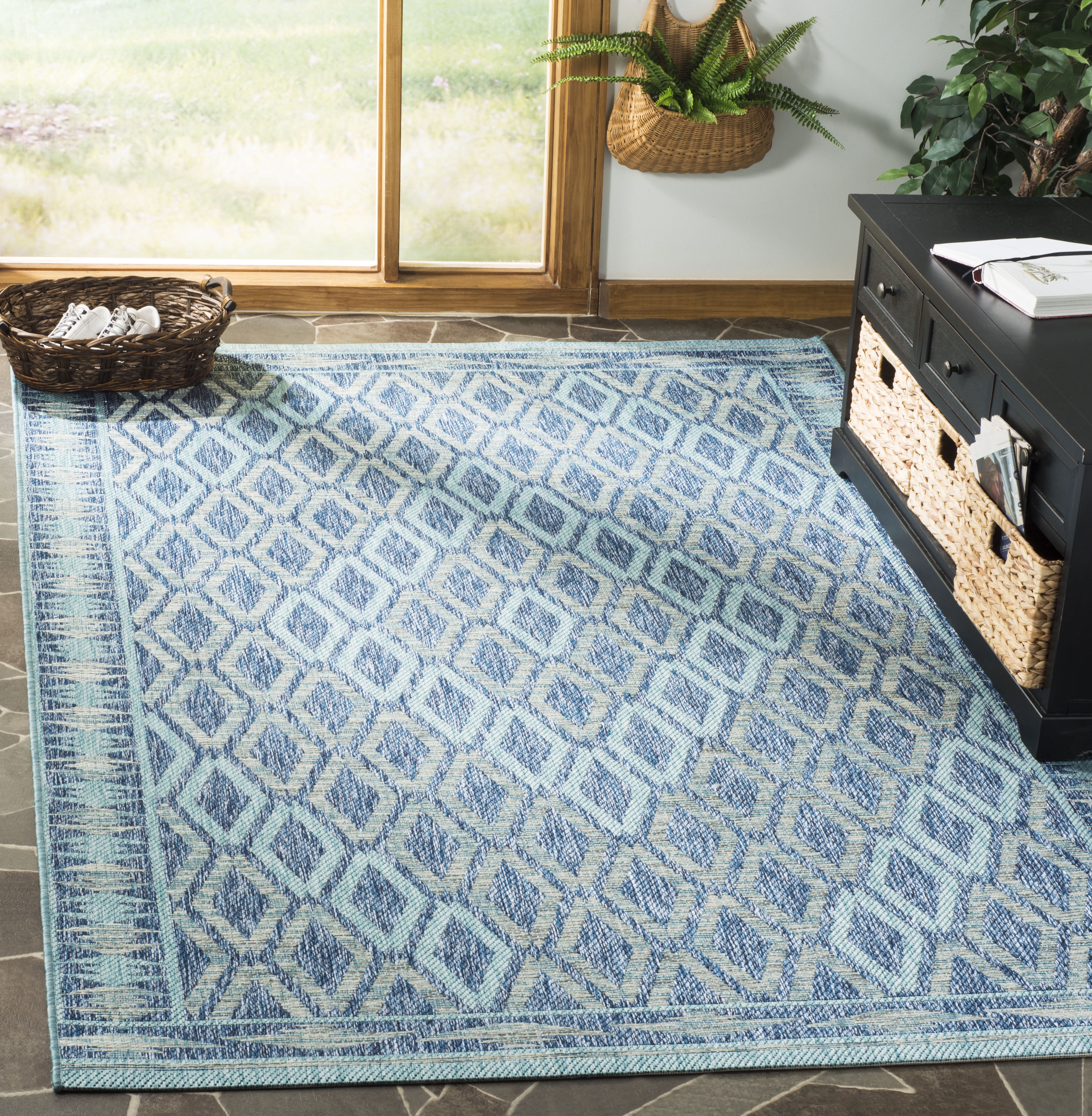 SAFAVIEH Courtyard Vermont Geometric Indoor/Outdoor Area Rug, Navy/Aqua ...