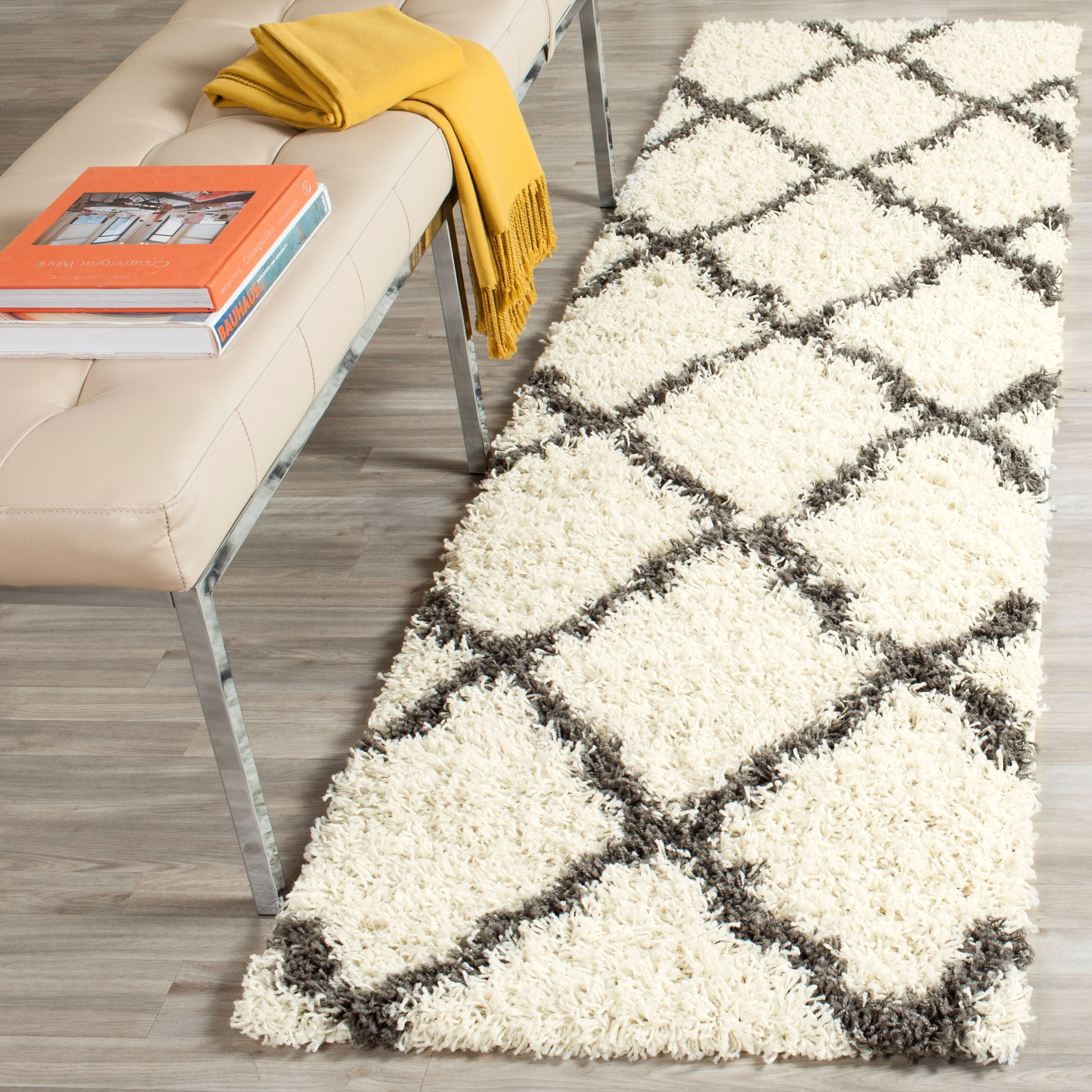 SAFAVIEH Daley Geometric Plush Shag Runner Rug, Ivory/Dark Grey, 2'3" x ...