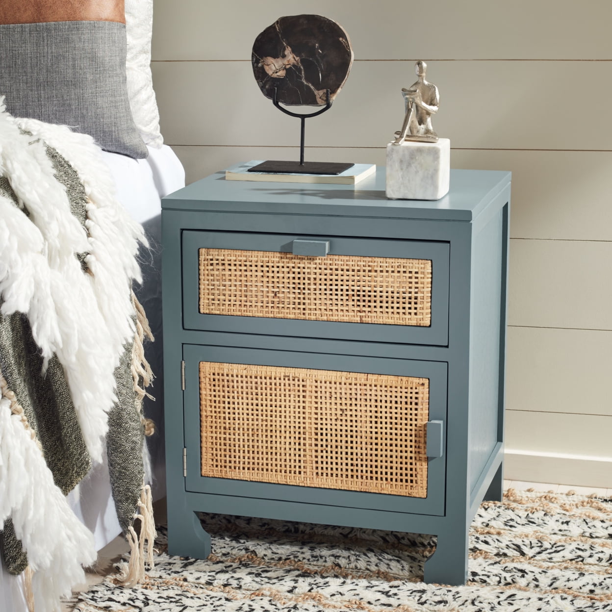 SAFAVIEH Dave Coastal 1 Drawer 1 Door Nightstand Blue Grey Natural Walmart
