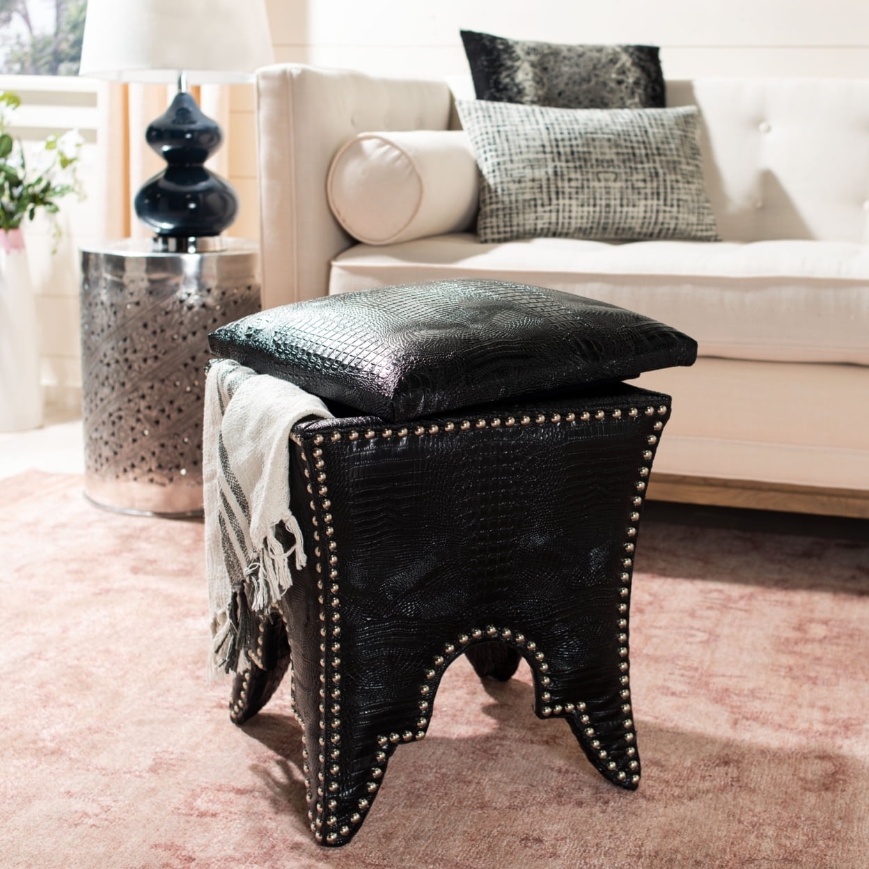 SAFAVIEH Deidra Modern Glam Storage Ottoman w/ Silver Nail Heads, Black ...