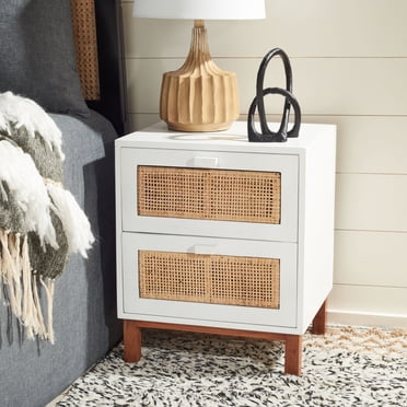 SAFAVIEH Zadie 2 Drawer Rattan Nightstand, White w/ Natural Rattan/Gold ...