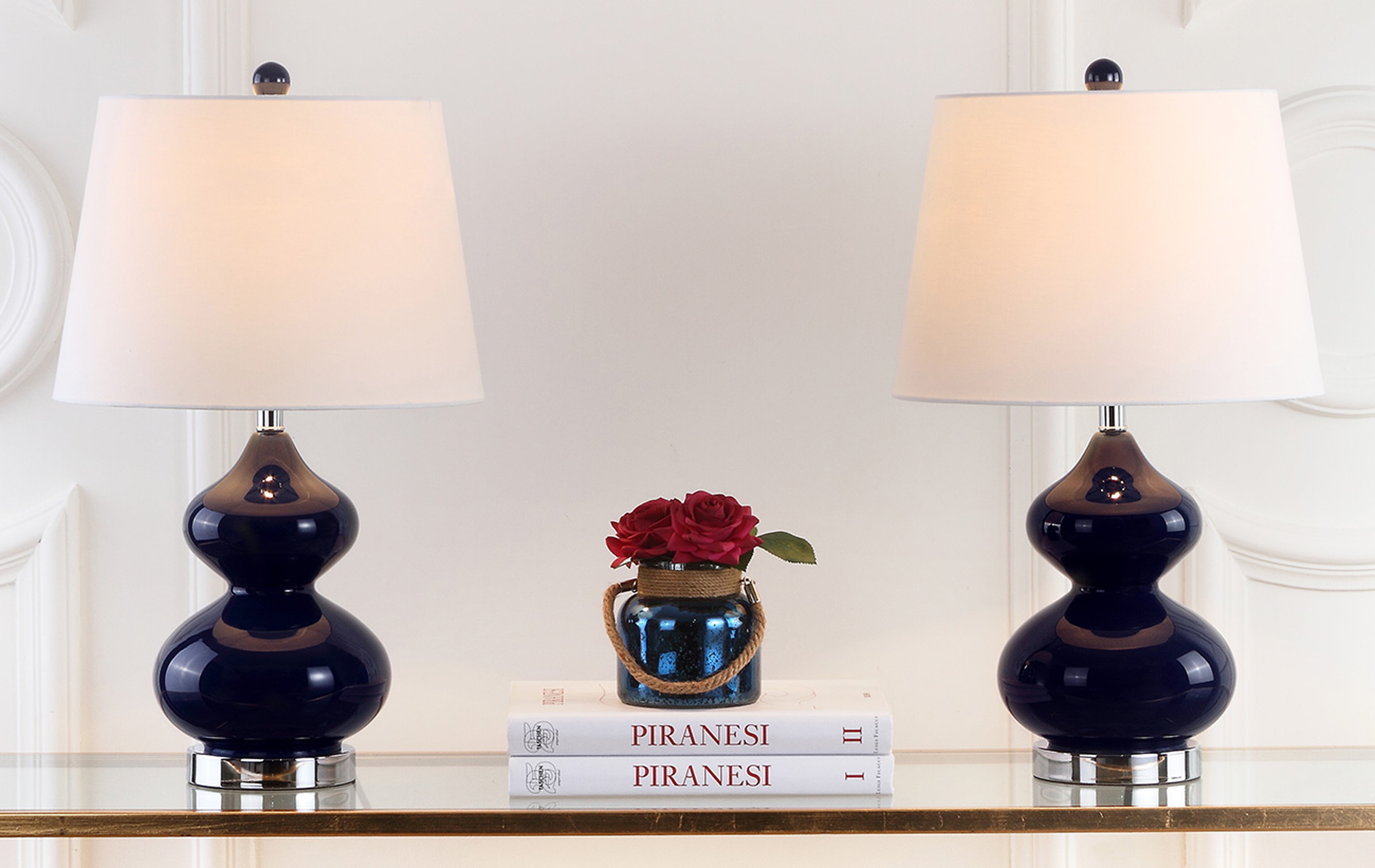 SAFAVIEH Eva 24 in. Navy Glass Table Lamp with Off-White Cotton Shade ...