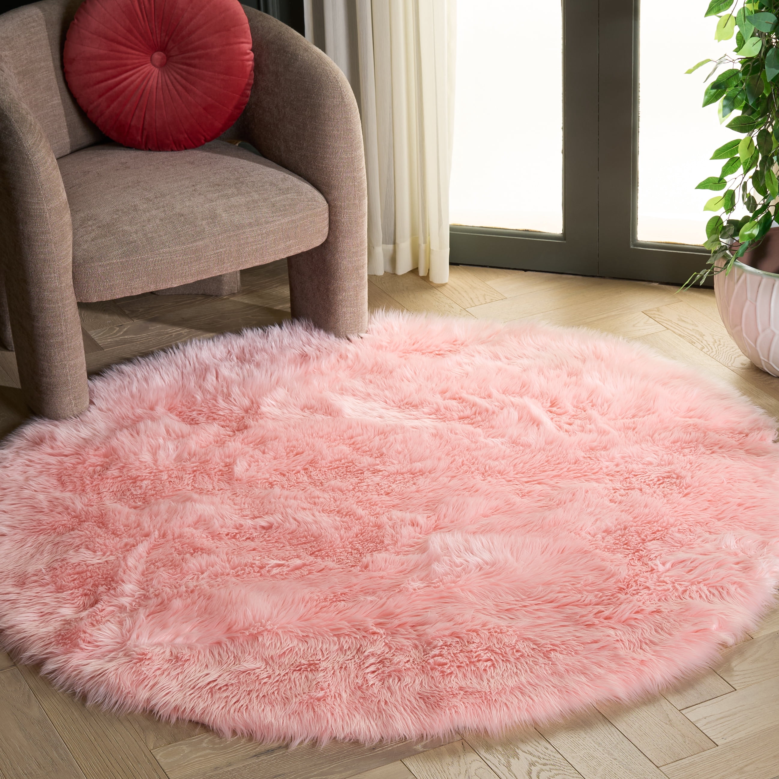 Safavieh Faux Sheepskin Vesna Plush Pink Area Rug 3' x 3' Round ...