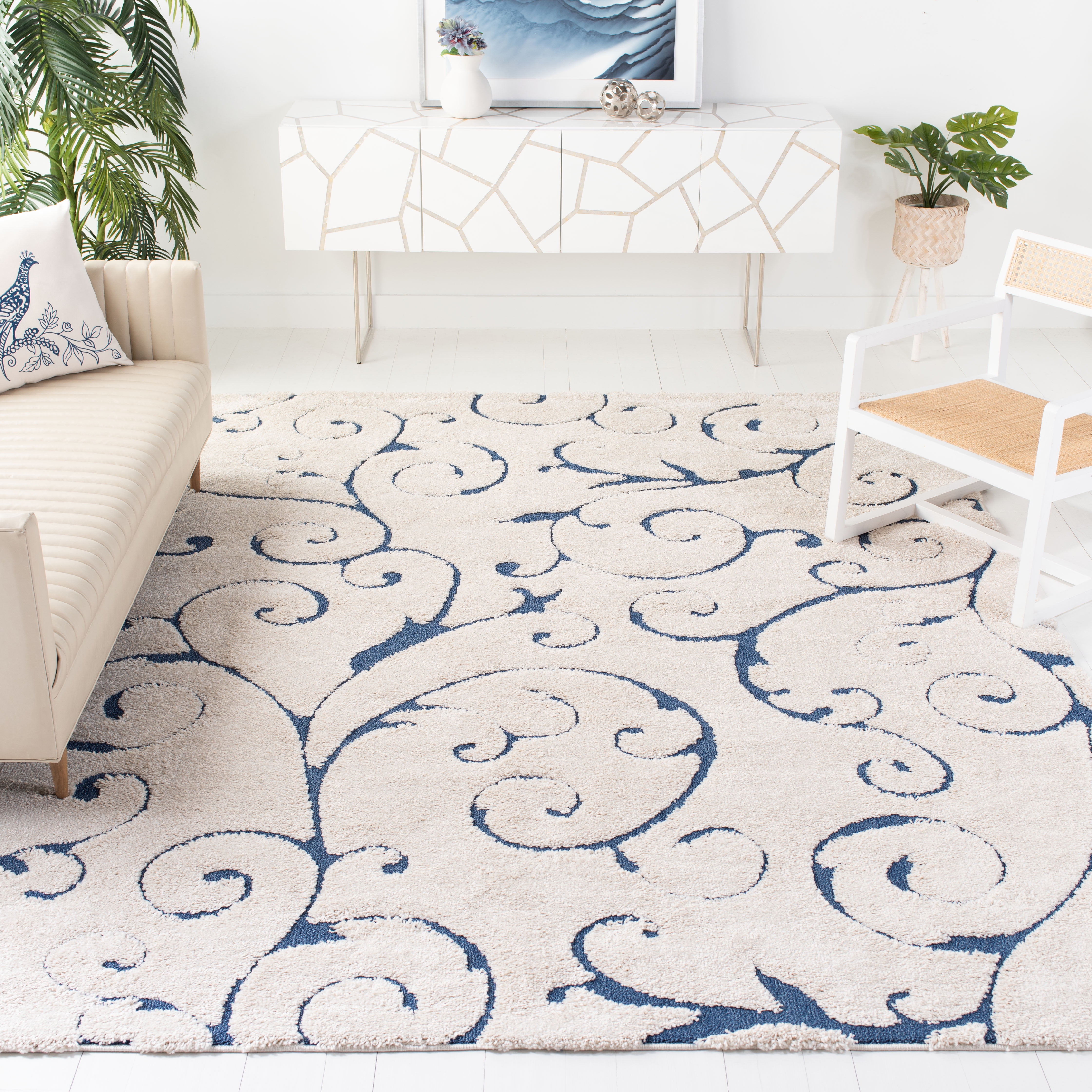 SAFAVIEH Florida Doug Floral Vines Geometric Shag Area Rug, Cream/Blue ...