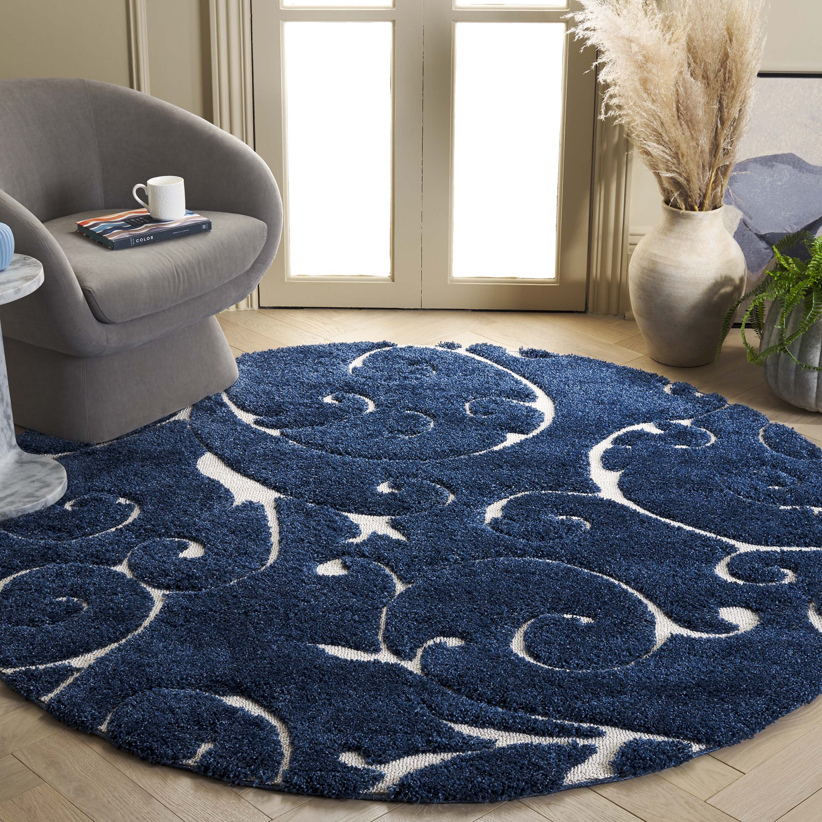 SAFAVIEH Florida Doug Floral Vines Geometric Shag Area Rug, Dark Blue ...