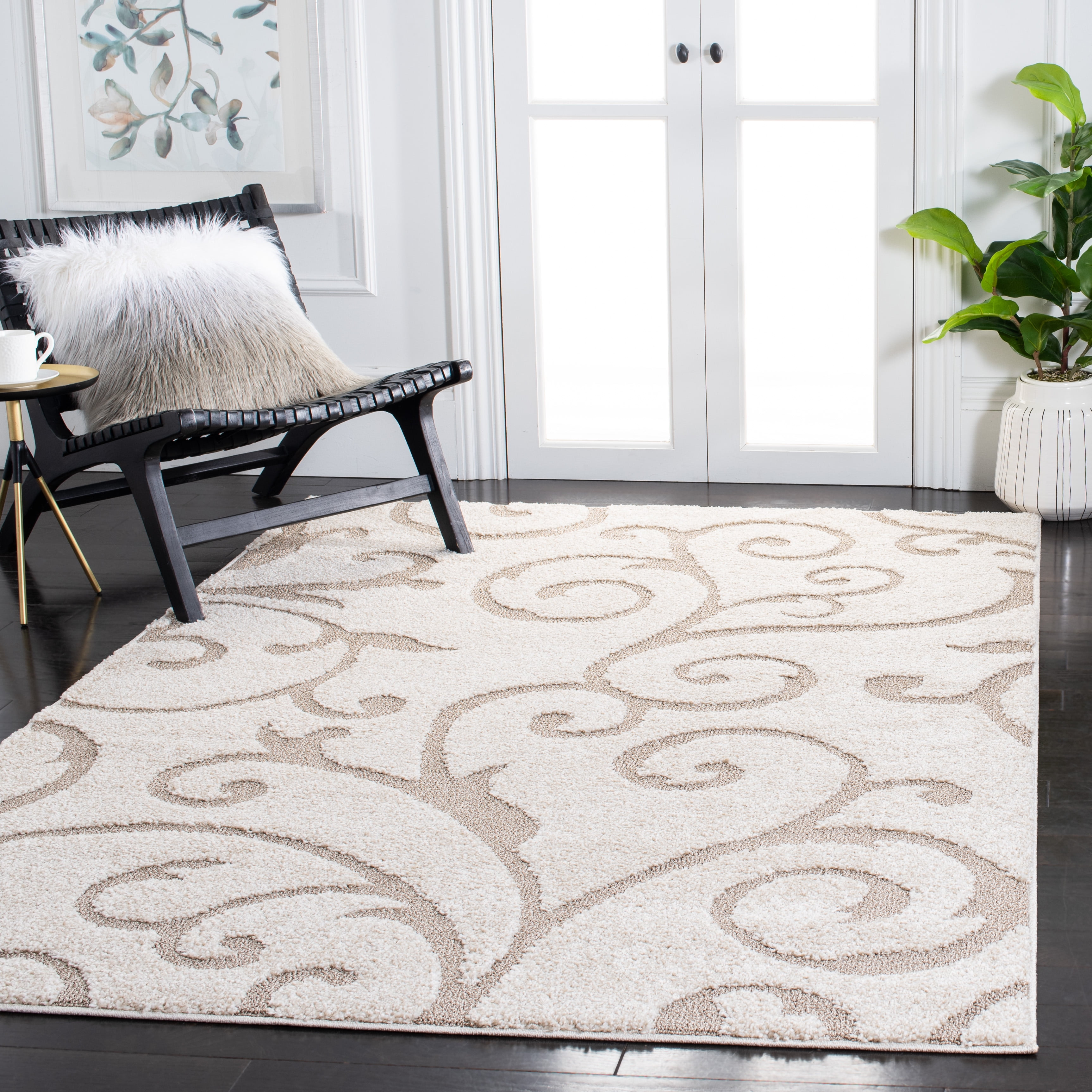 SAFAVIEH Florida Doug Floral Vines Geometric Shag Area Rug, Ivory/Beige ...