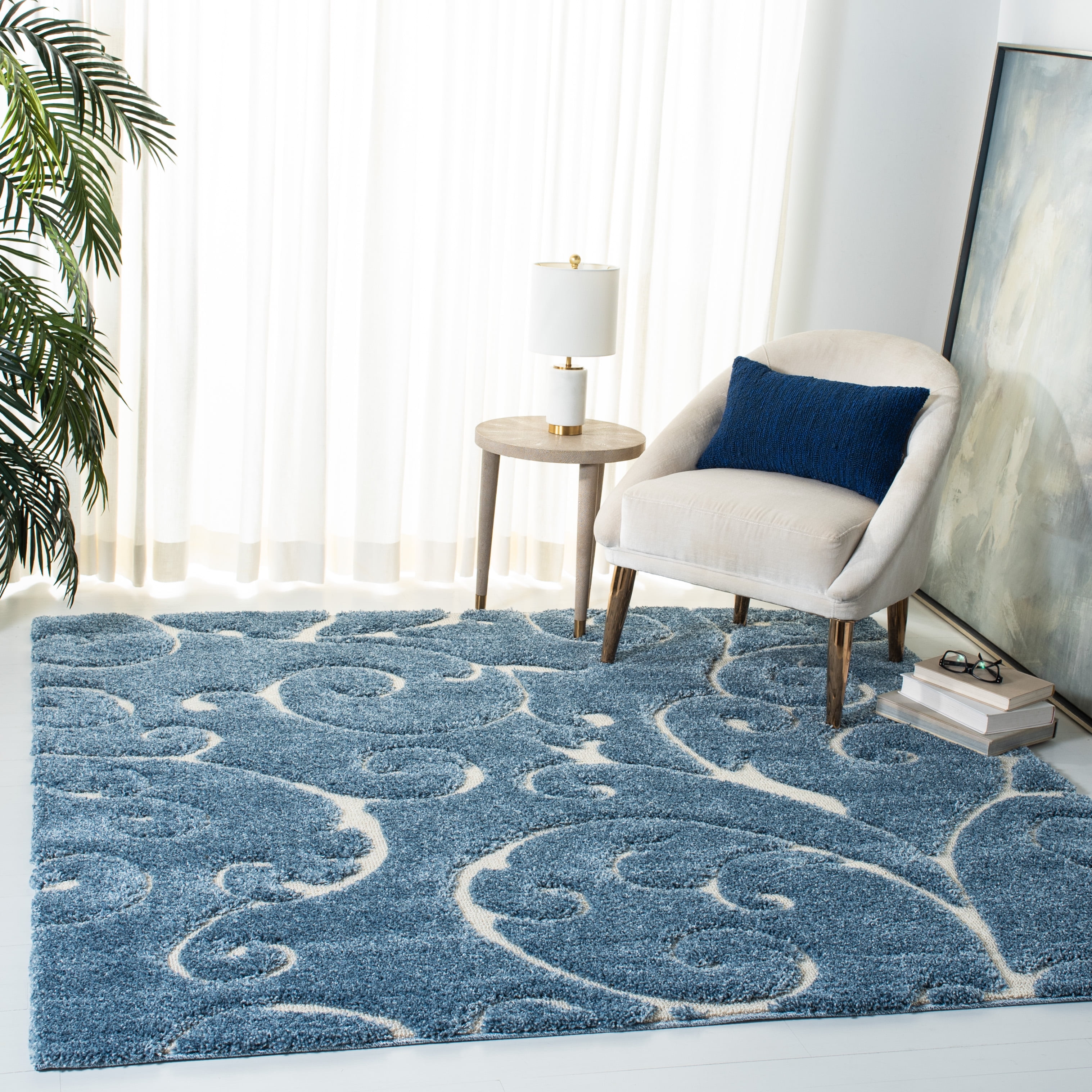 SAFAVIEH Florida Doug Floral Vines Geometric Shag Area Rug, Light Blue ...
