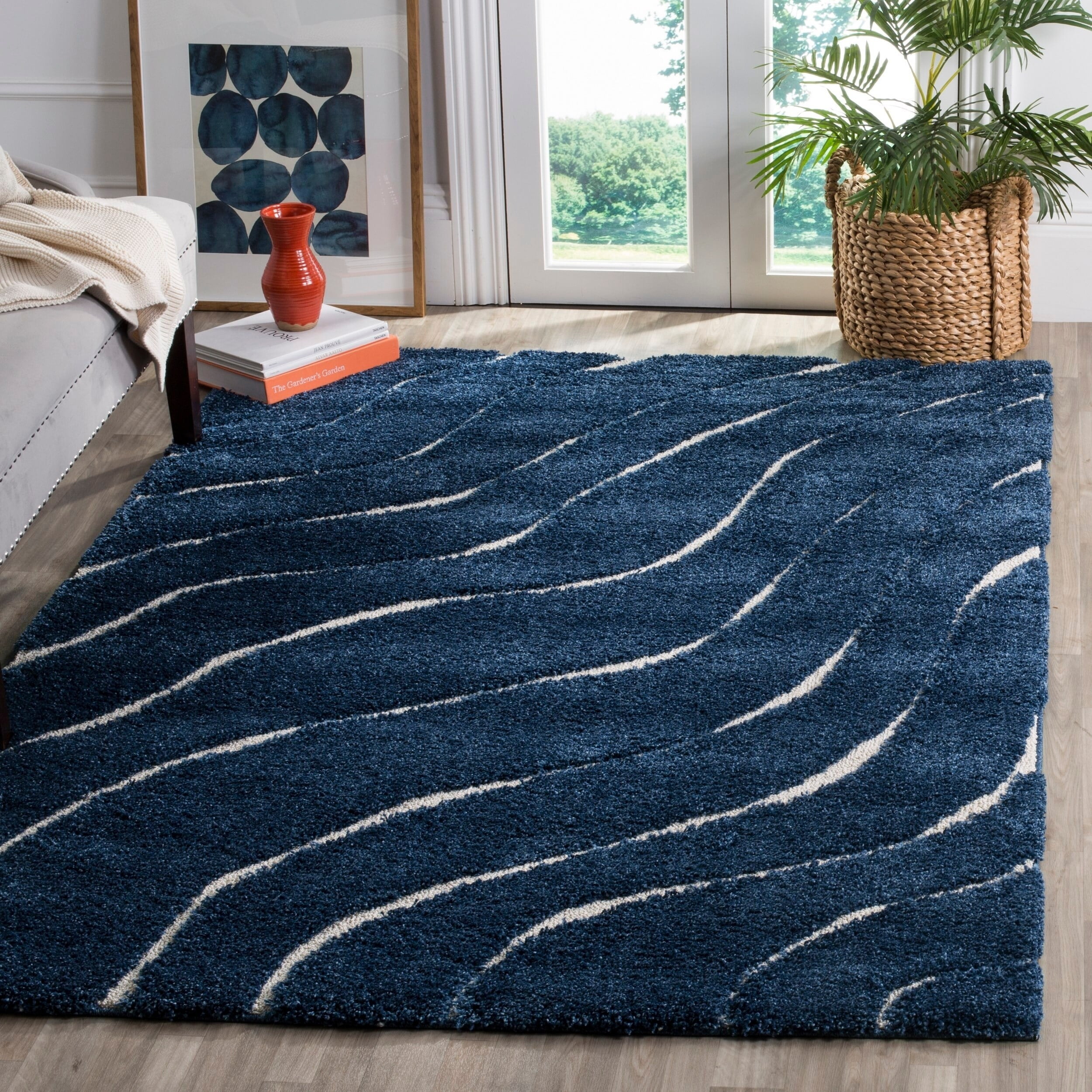 SAFAVIEH Florida Tabitha Geometric Waves Shag Area Rug, Dark Blue/Cream ...