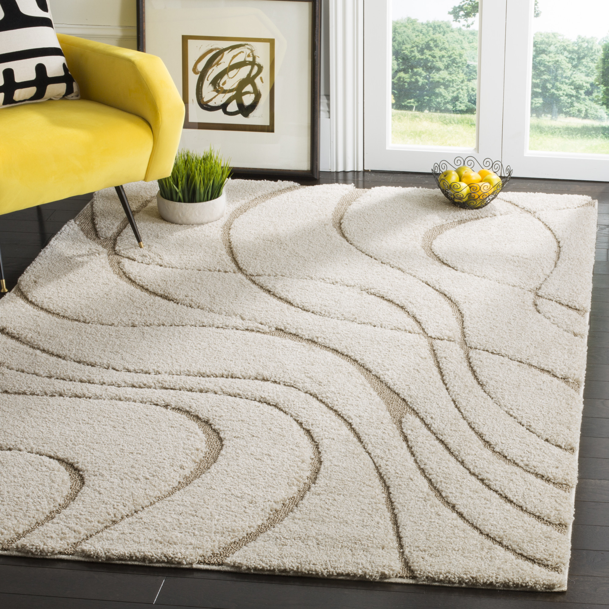 SAFAVIEH Florida Ellen Abstract Shag Area Rug, Cream/Dark Brown, 5'3" x ...