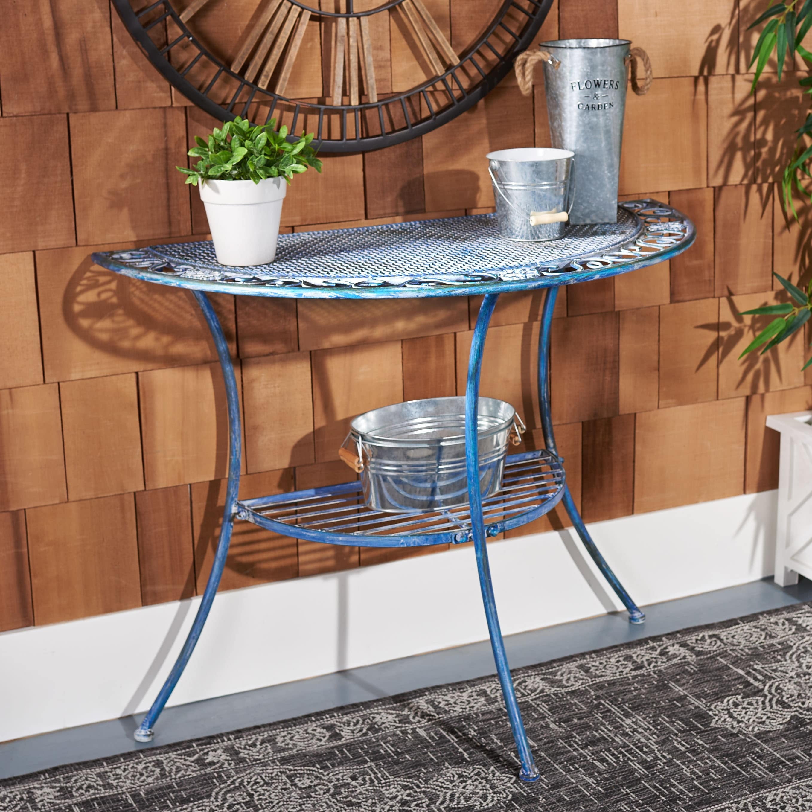 SAFAVIEH Genson Outdoor Patio Semi Circle End Table, Antique Blue ...