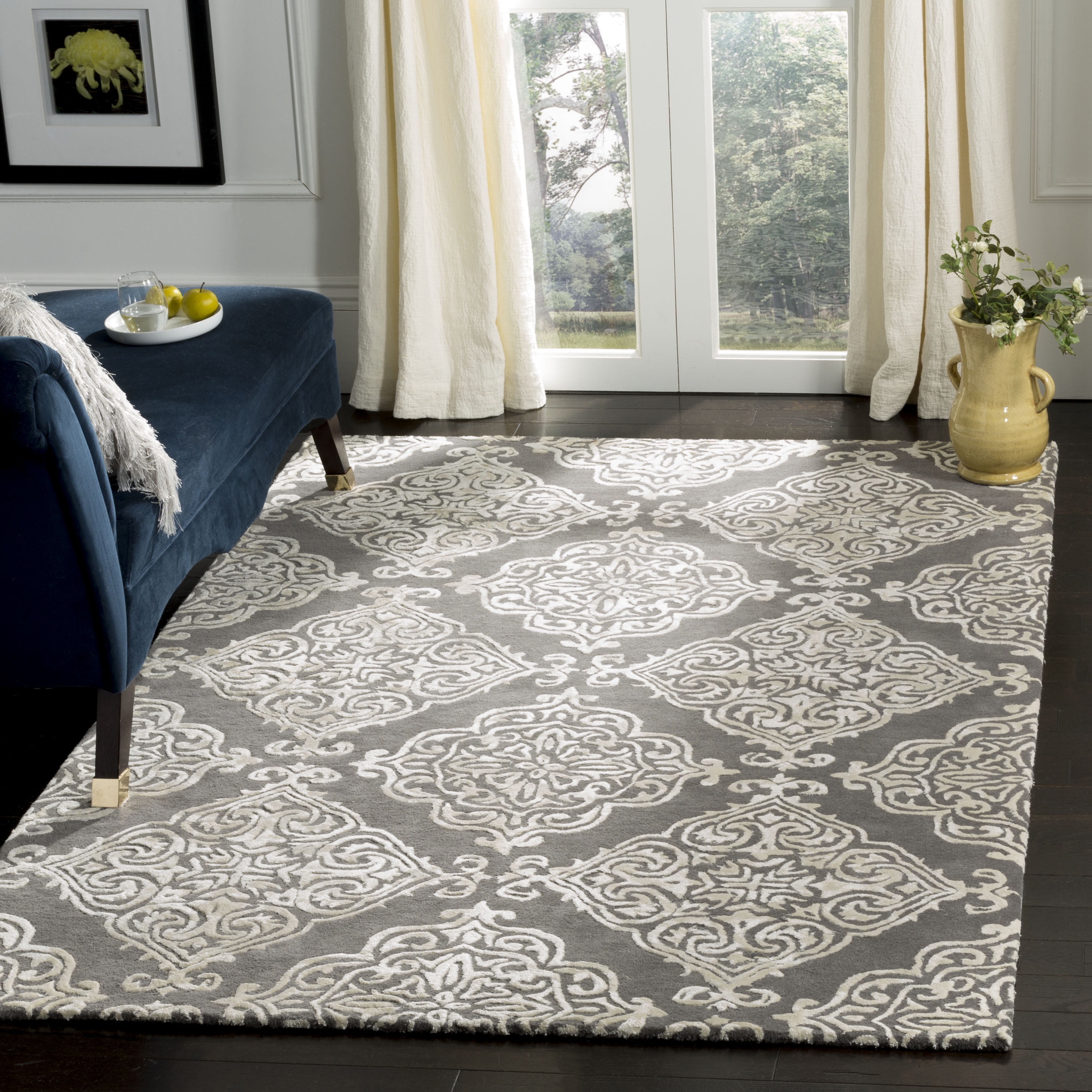 SAFAVIEH Glamour Georgene Damask Area Rug, Dark Grey/Ivory, 8' x 10 ...