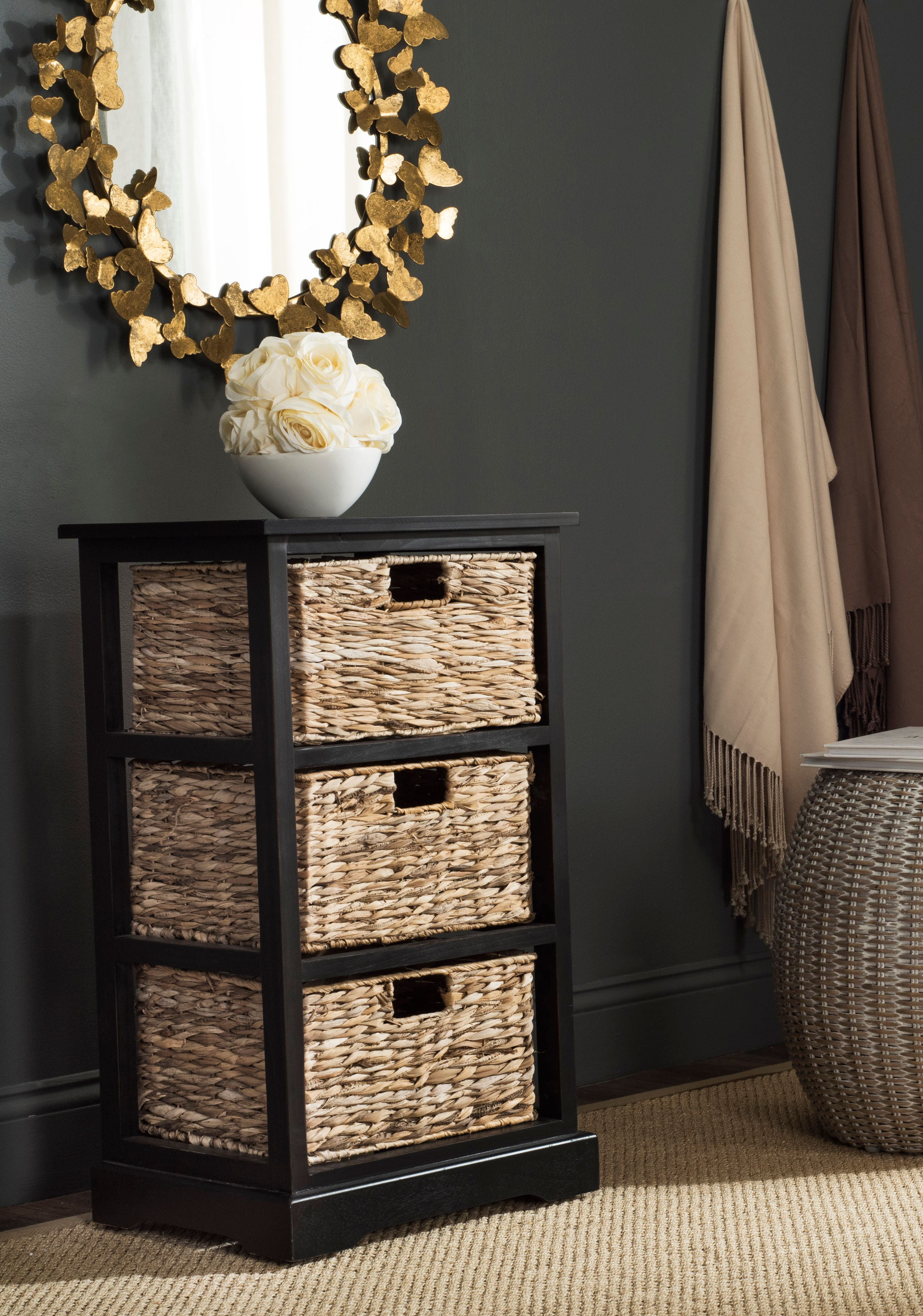 SAFAVIEH Halle Solid 3 Wicker Basket Storage Side Table, Distressed ...