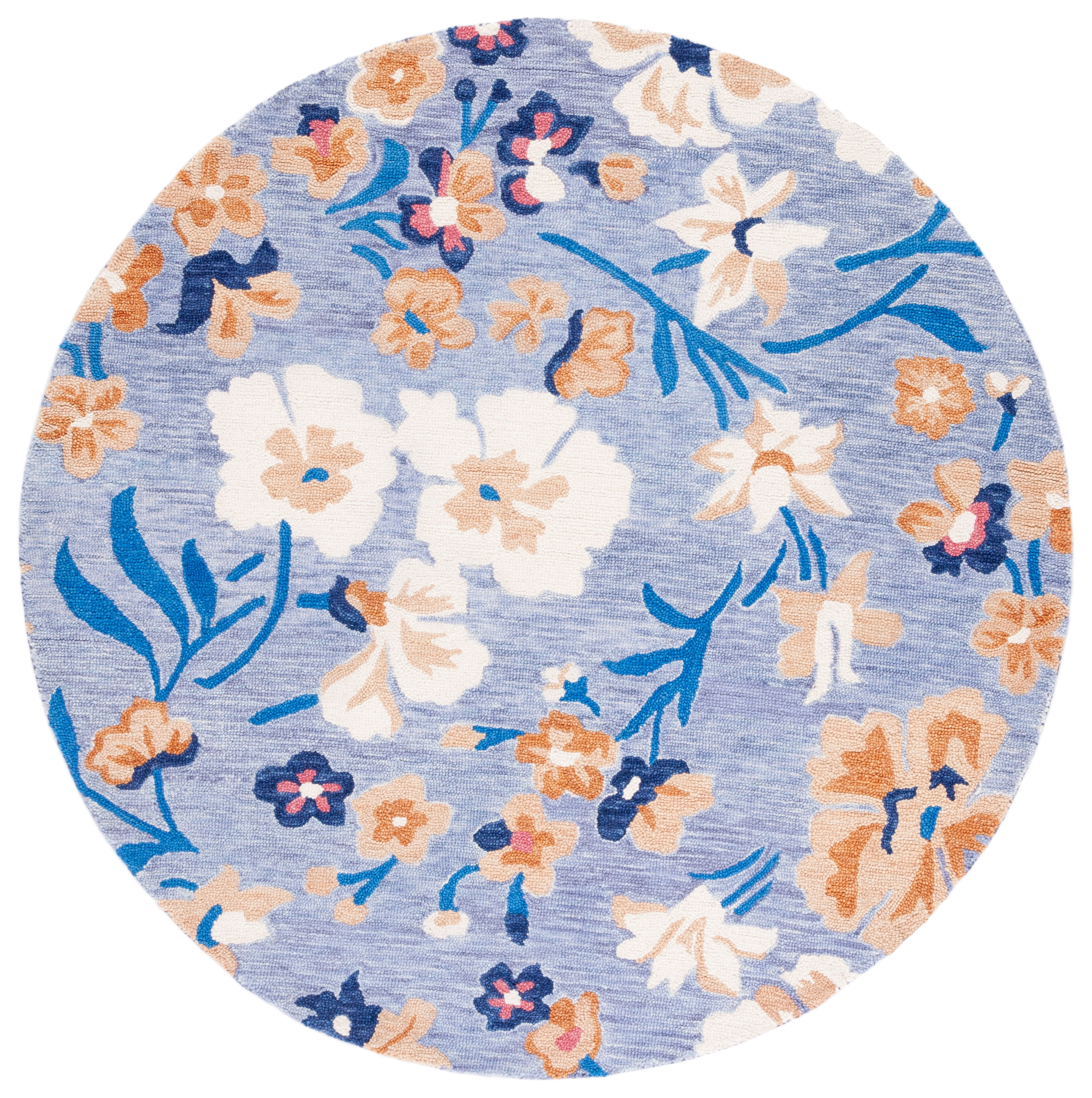 SAFAVIEH Jardin Ruadhan Floral Wool Area Rug, Blue/Ivory, 6' x 6' Round ...