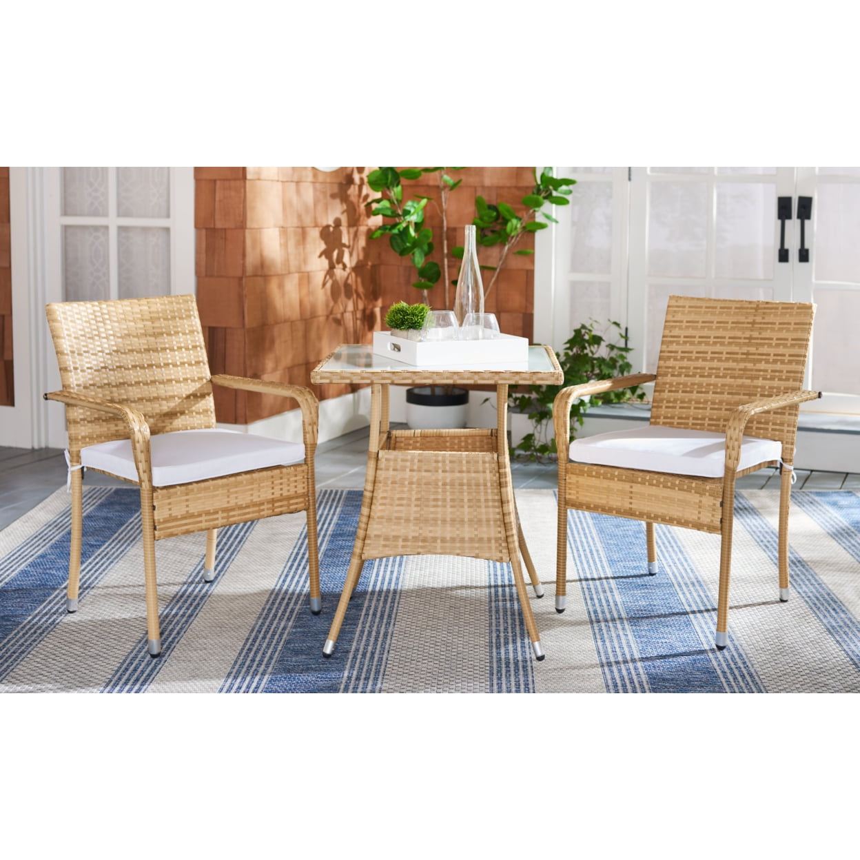 SAFAVIEH Laban 3 Piece Outdoor Patio Bistro Set, Natural/White, Porch ...