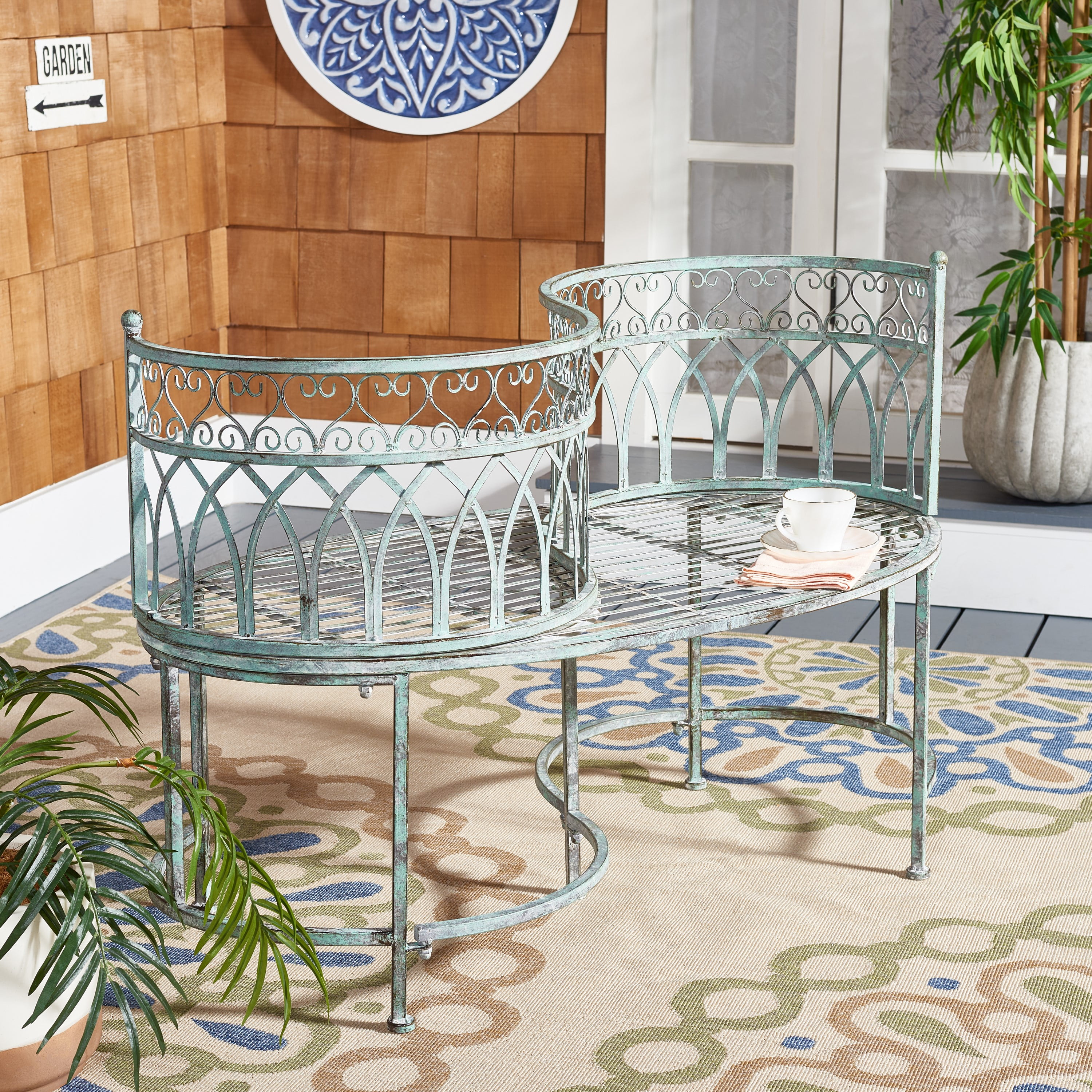 SAFAVIEH Lara Outdoor Patio Kissing Garden Bench, Antique Green ...