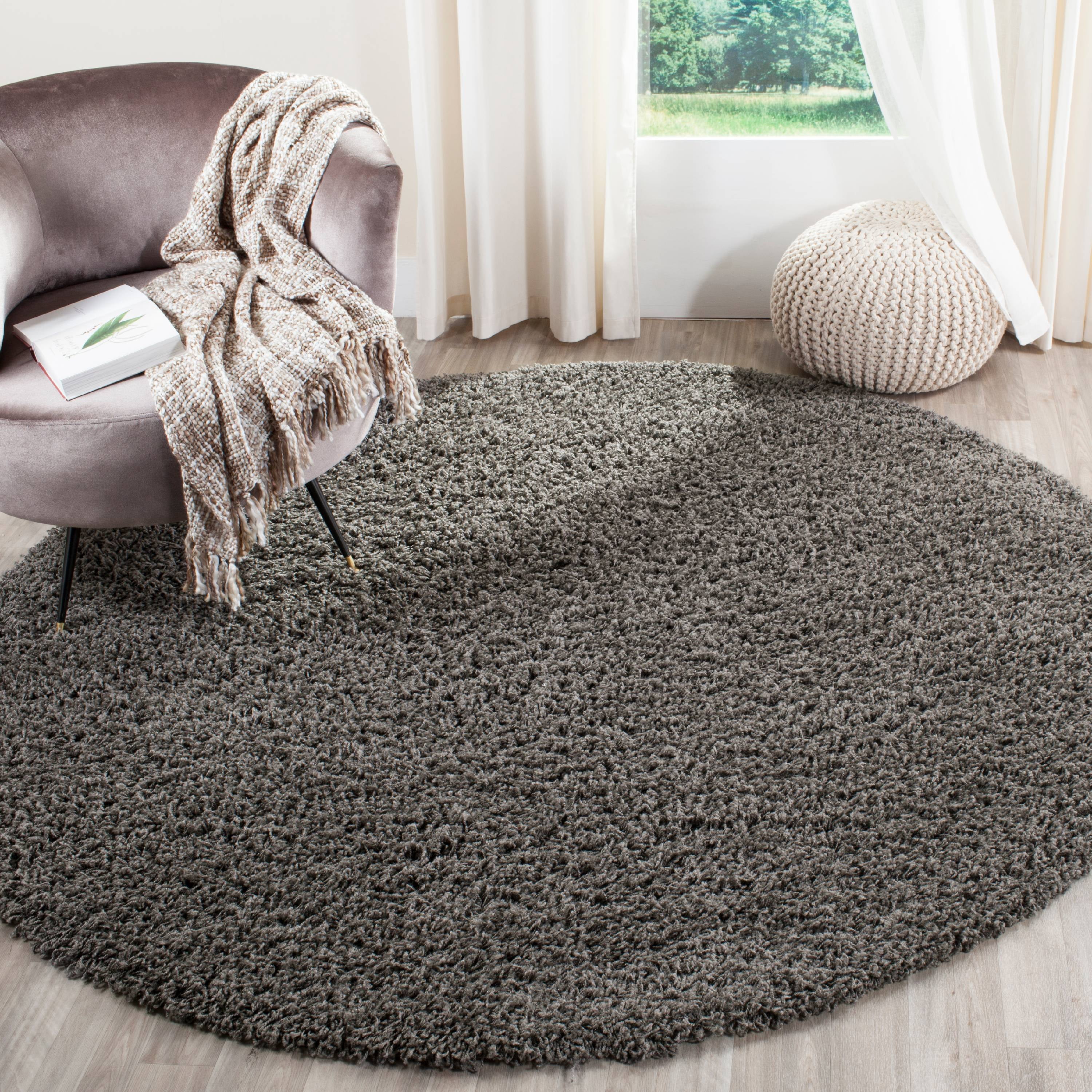 SAFAVIEH Lavena Solid Plush Shag Area Rug, Dark Grey, 6'7" x 6'7" Round ...