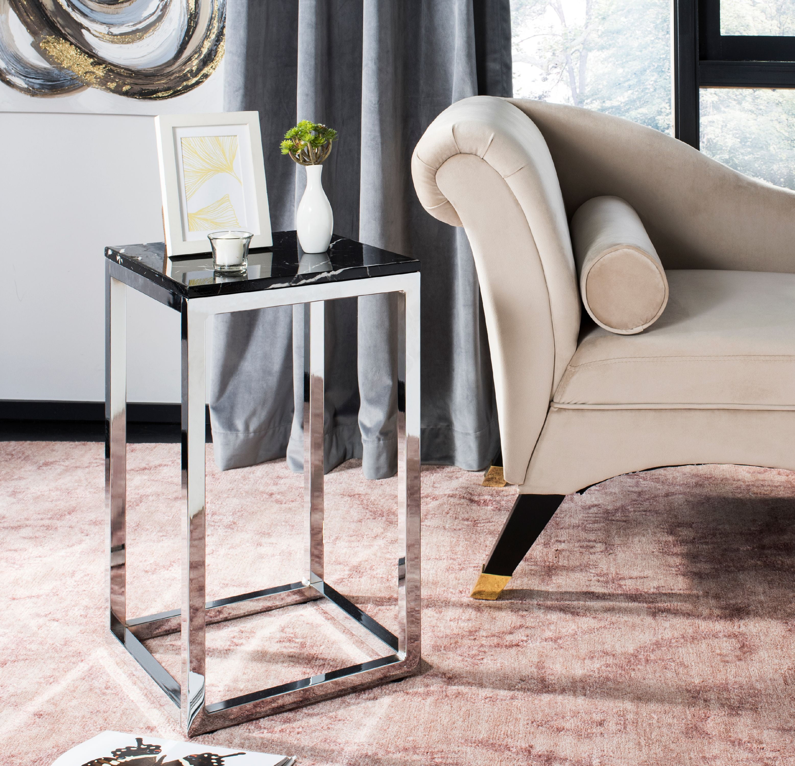SAFAVIEH Leah Square Modern Glam Side Table, Black Marble/Chrome ...