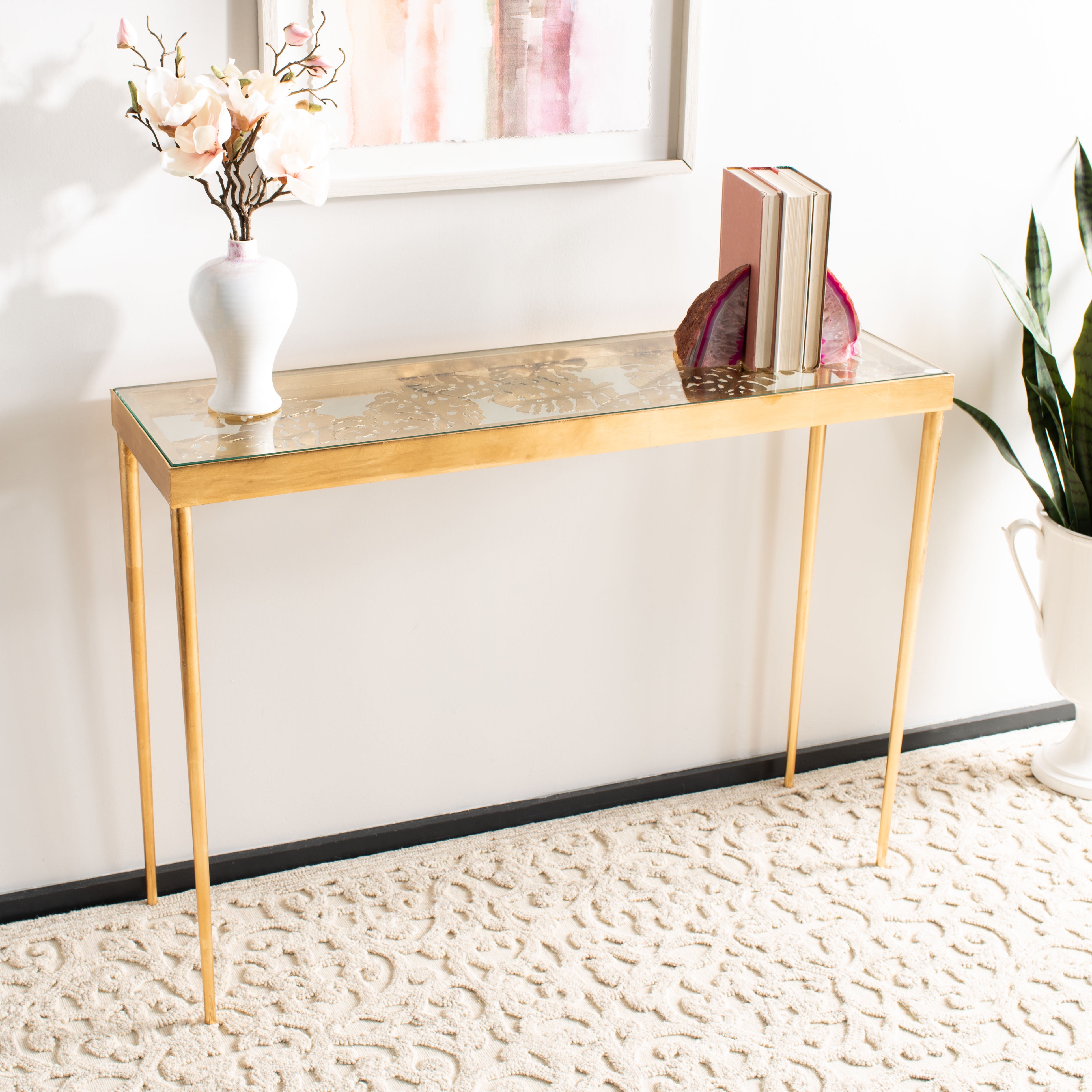 SAFAVIEH Leilani Modern Palm Leaf Glass Console Table Gold Leaf