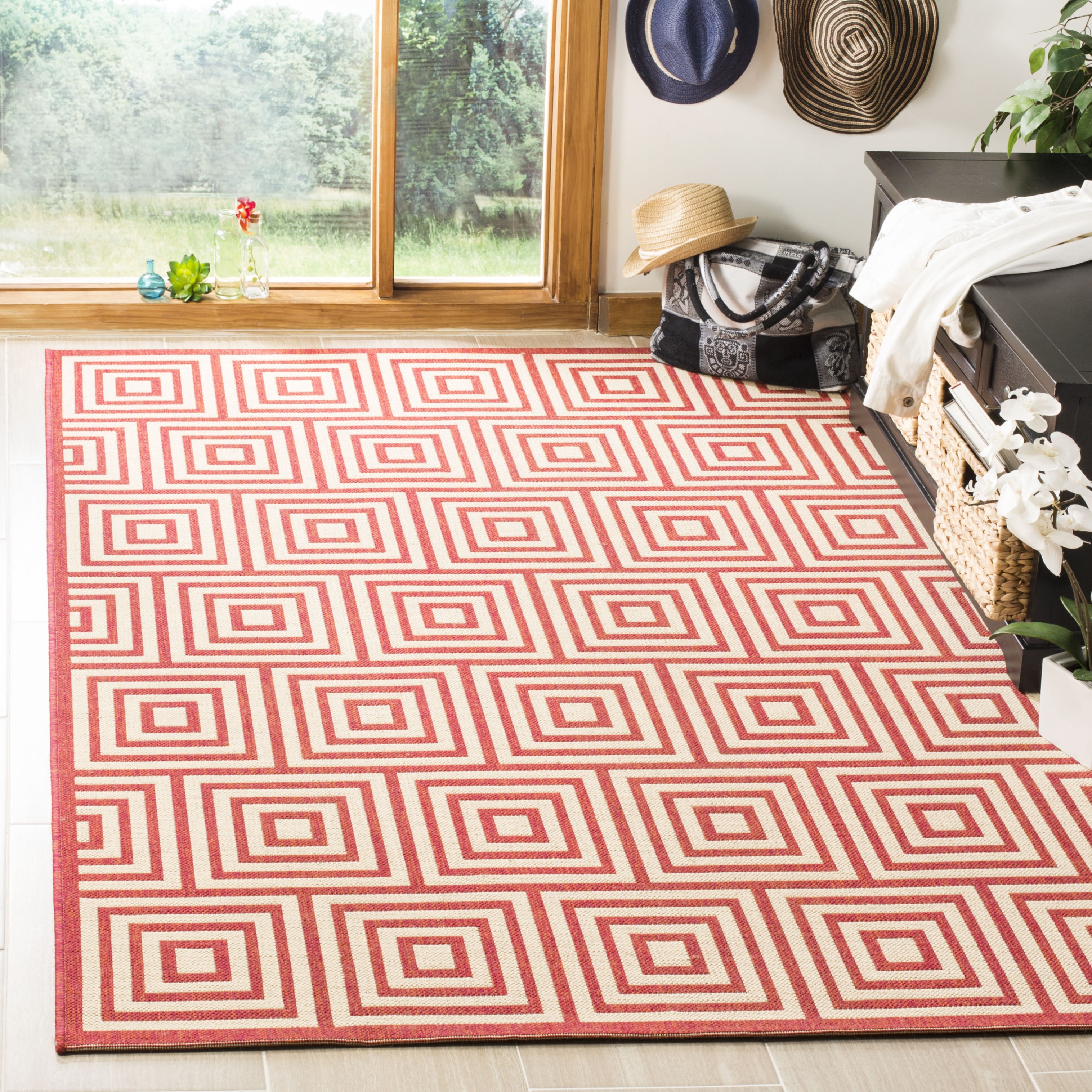 SAFAVIEH Linden Alvena Geometric Area Rug, Red/Cream, 5'1" x 7'6 ...