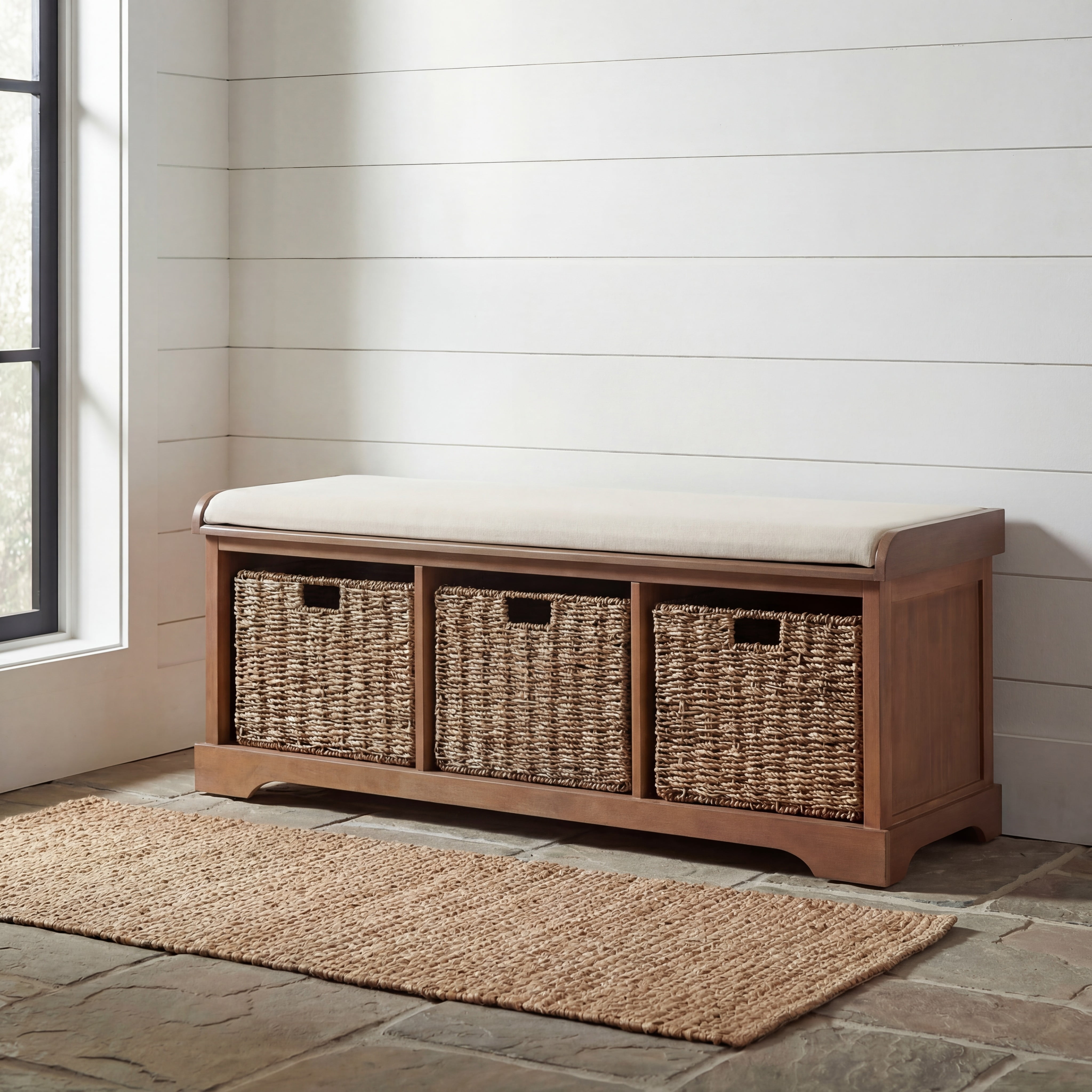 Safavieh, Storage Bench, Walnut/White, 3 Wicker Baskets - Walmart.com