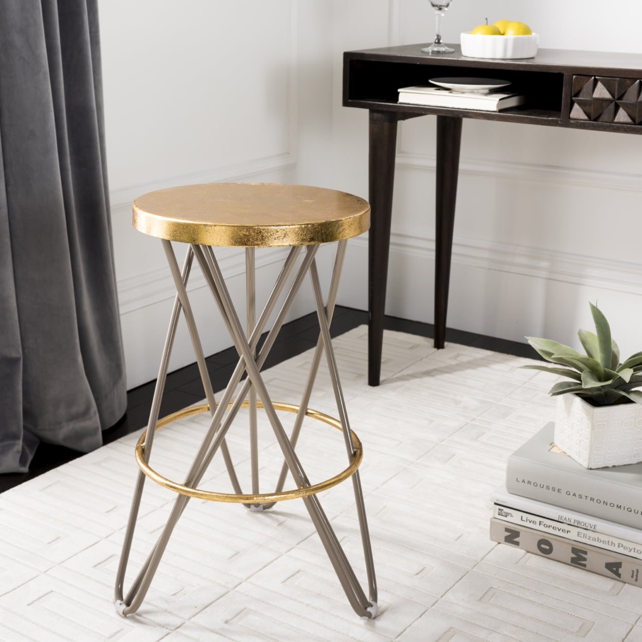 SAFAVIEH Lorna Mid-Century Retro Gold Leaf Counter Stool, Beige ...