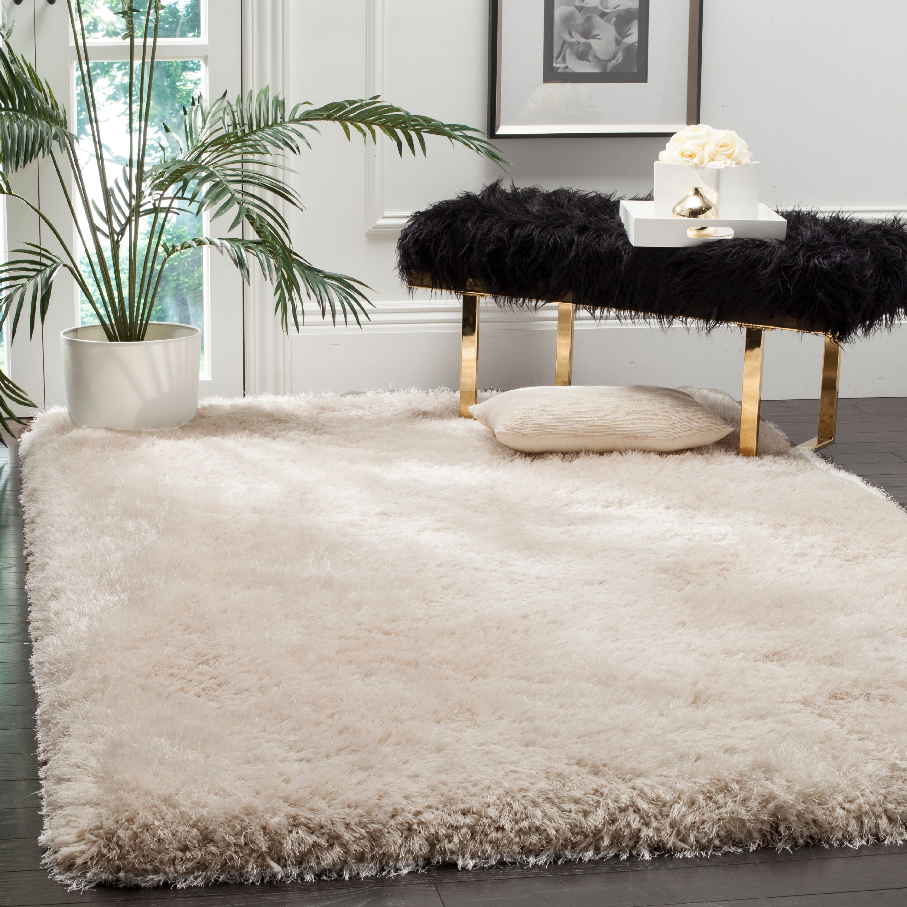 SAFAVIEH Luxe Paxton Solid Plush Polyester Shag Area Rug, Bone, 8' x 10 ...
