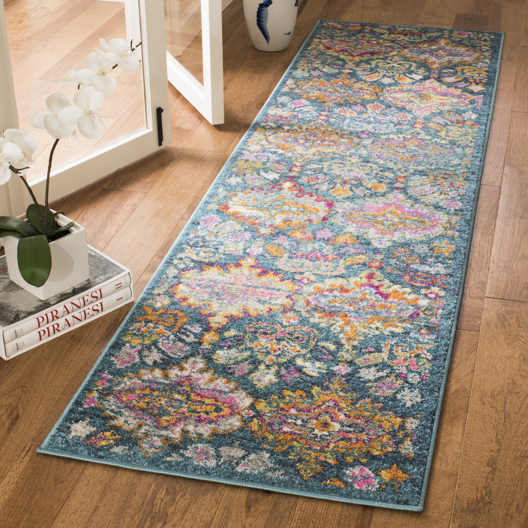 SAFAVIEH Madison Britton Geometric Floral Runner Rug, Blue/Orange, 2'3 ...