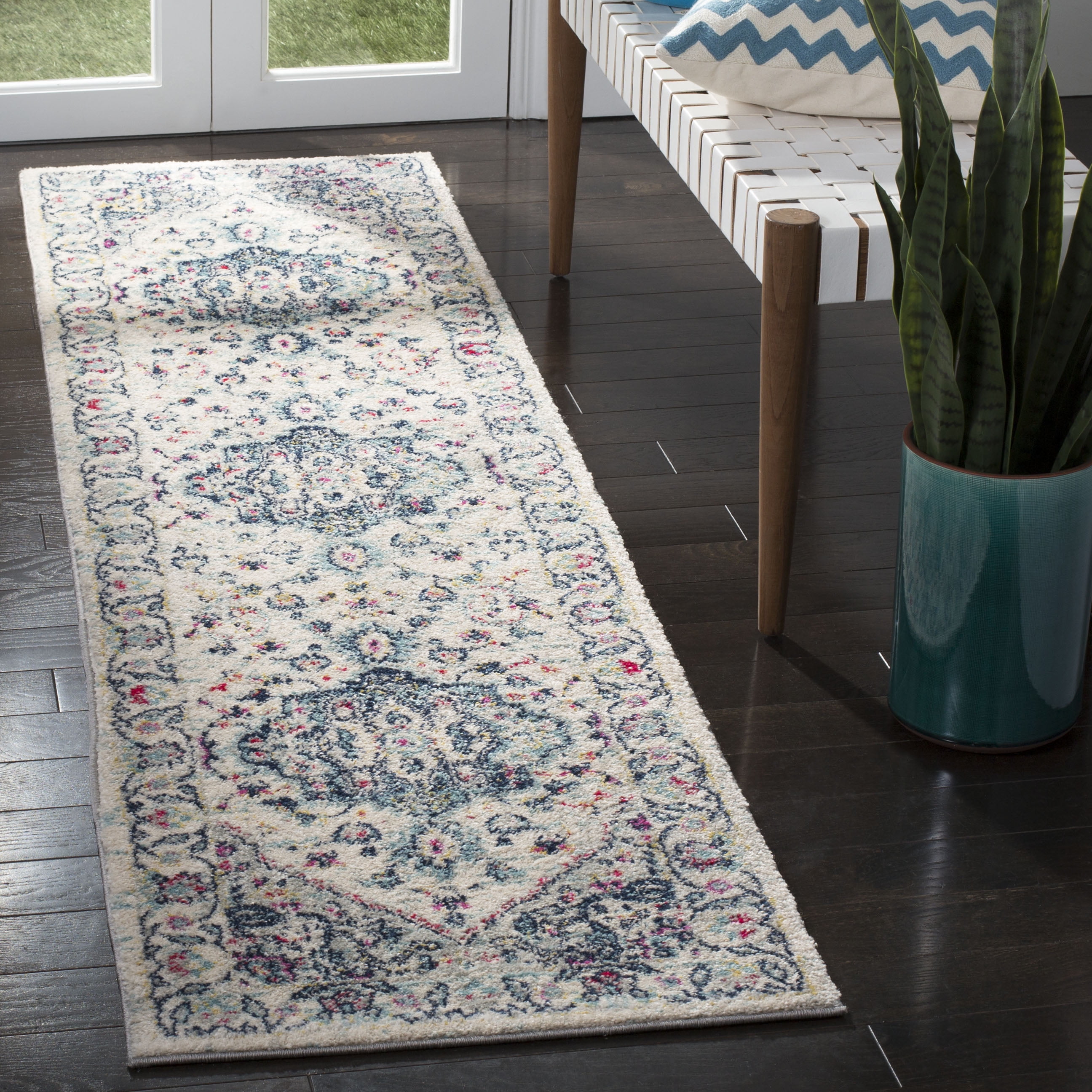 SAFAVIEH Madison Hildred Floral Bordered Runner Rug, Navy/Fuchsia, 2' x ...