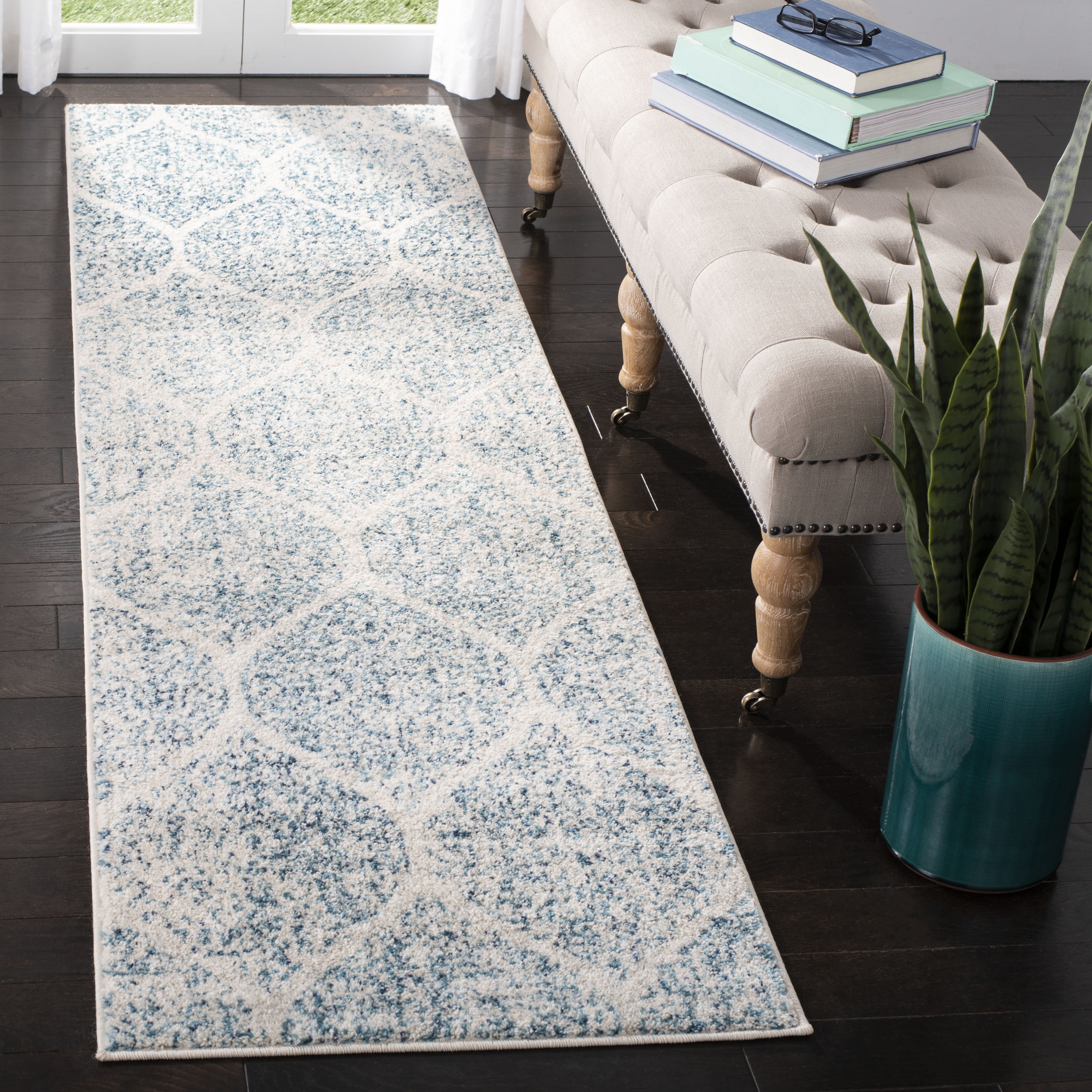 SAFAVIEH Madison Leighton Geometric Runner Rug, Cream/Turquoise, 2'3" x ...