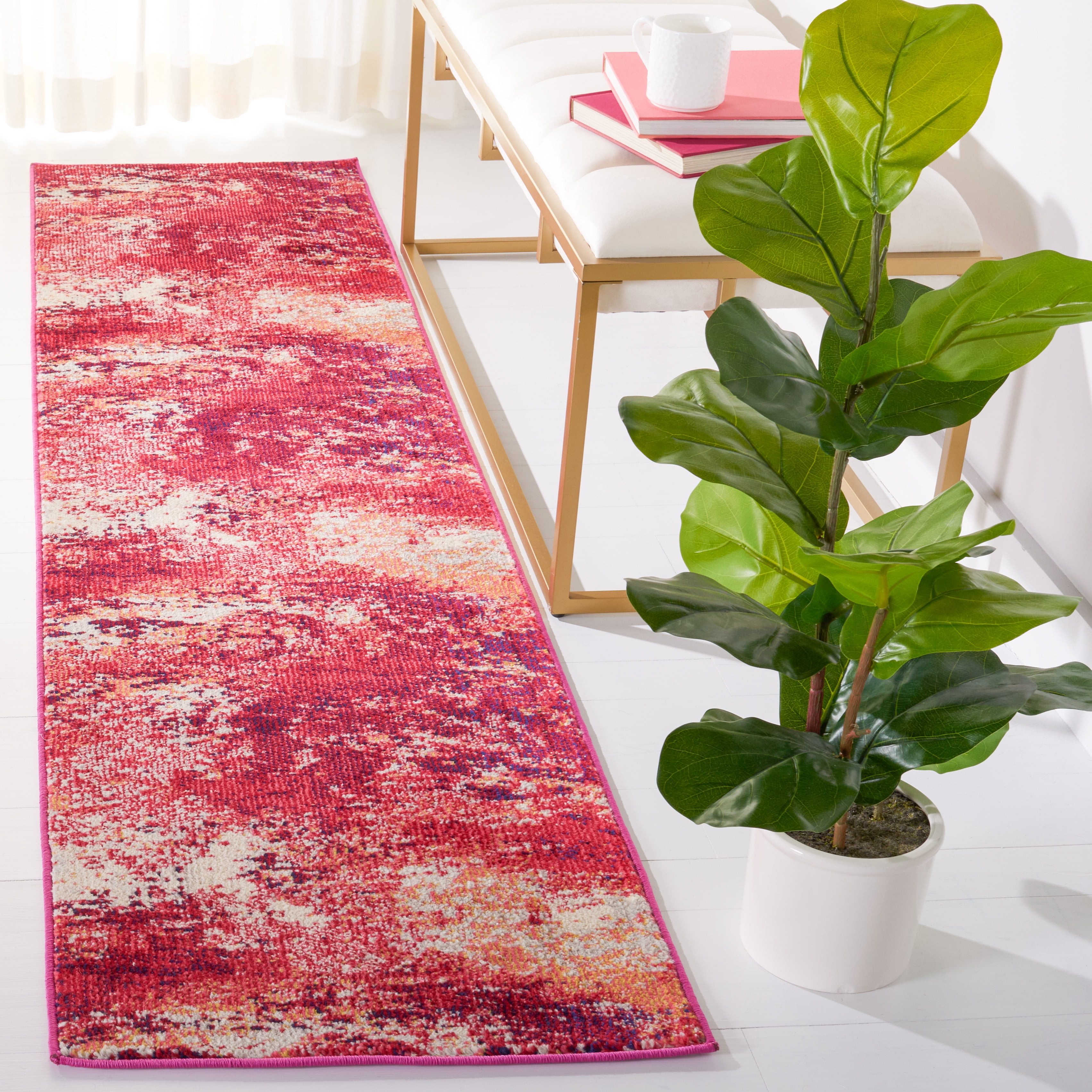 SAFAVIEH Madison Oscar Abstract Distressed Runner Rug, Red/Ivory, 2' x ...