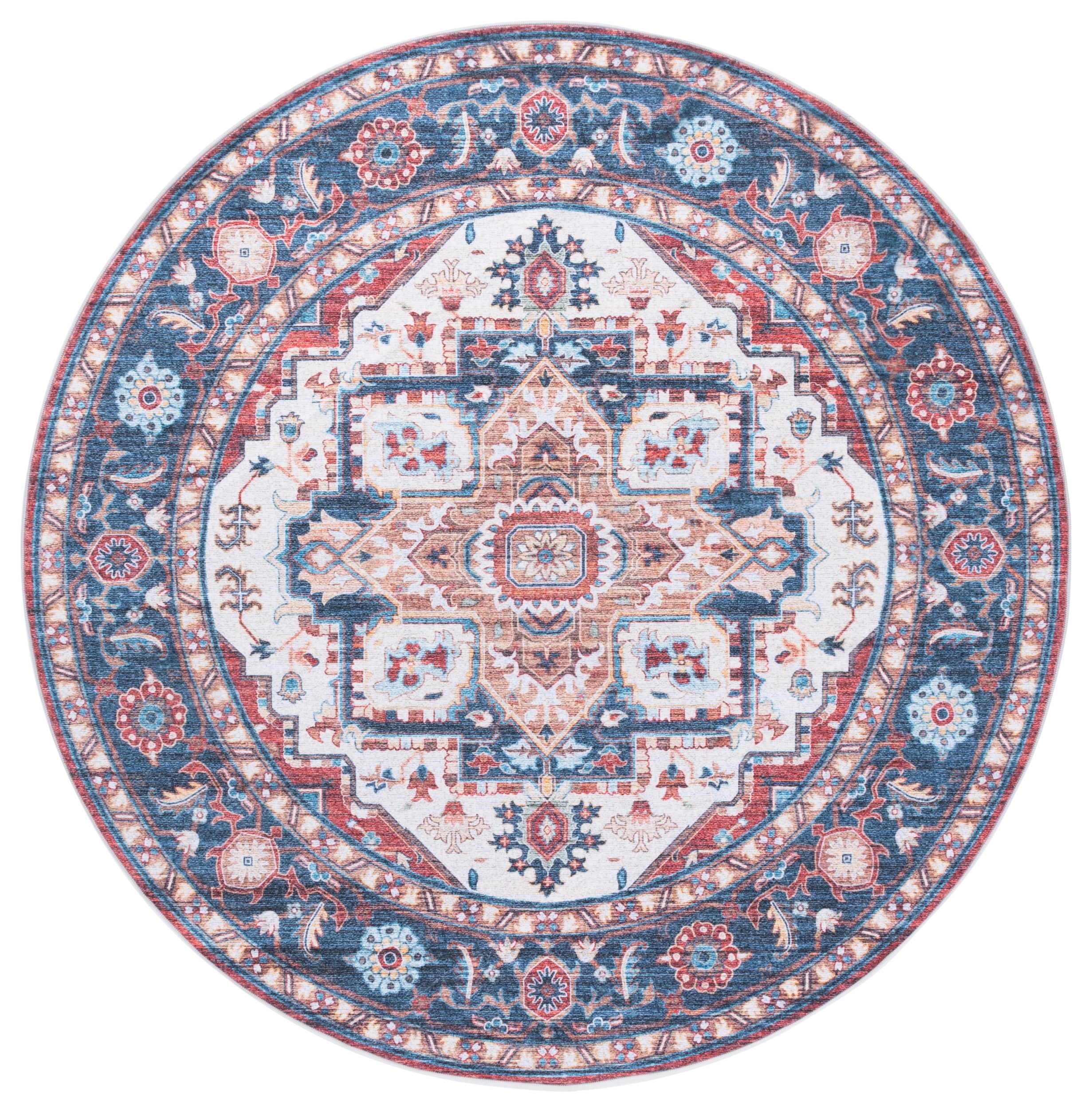 SAFAVIEH Martha Stewart Norbert Medallion Machine Washable Area Rug, Rust/Blue, 6' x 6' Round ...