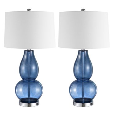 Partphoner 3-Way Dimmable Blue Glass Table Lamps Set of 2 with Dual USB ...
