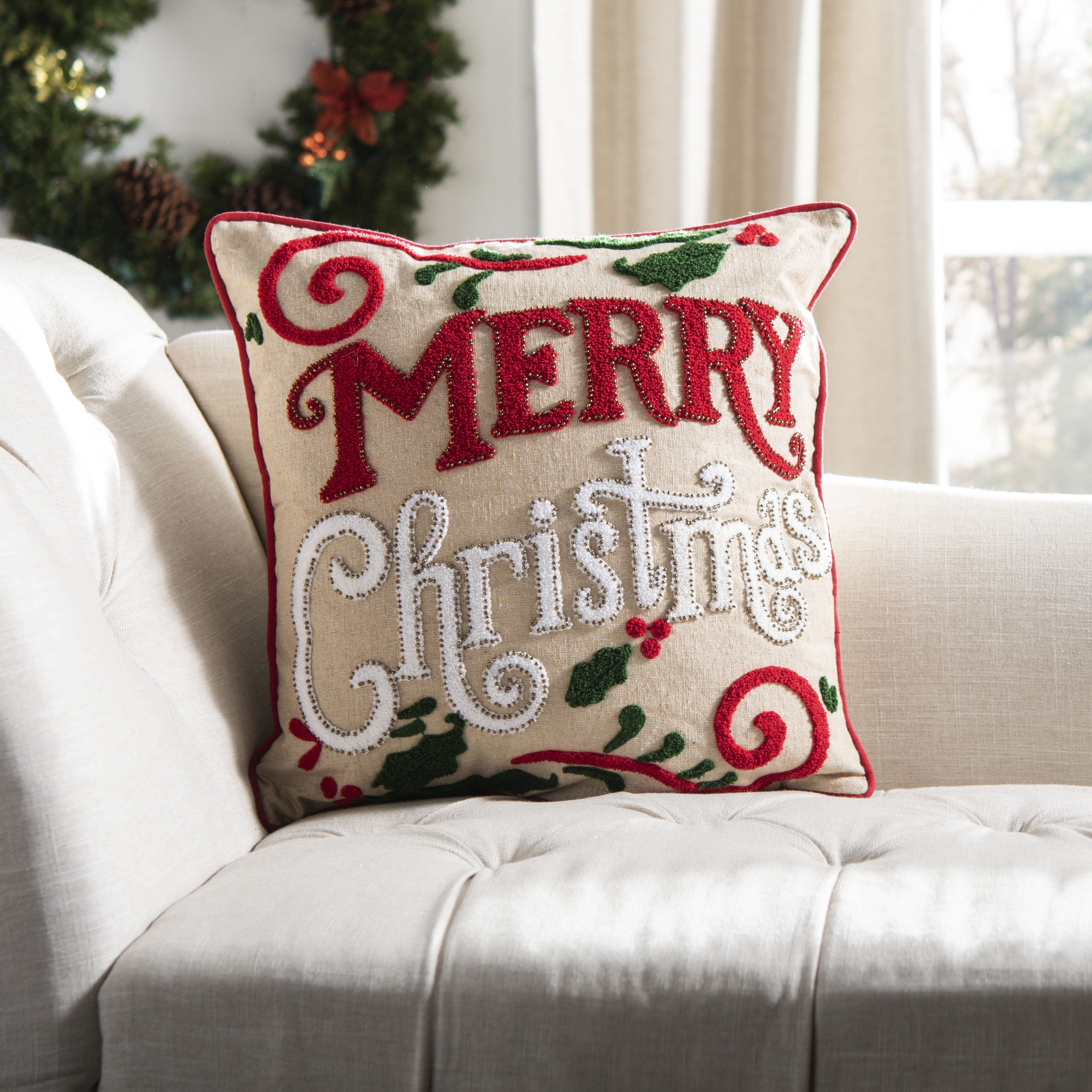 SAFAVIEH Merry Christmas 18" x 18" Holiday Pillow, Green/Red/Beige ...