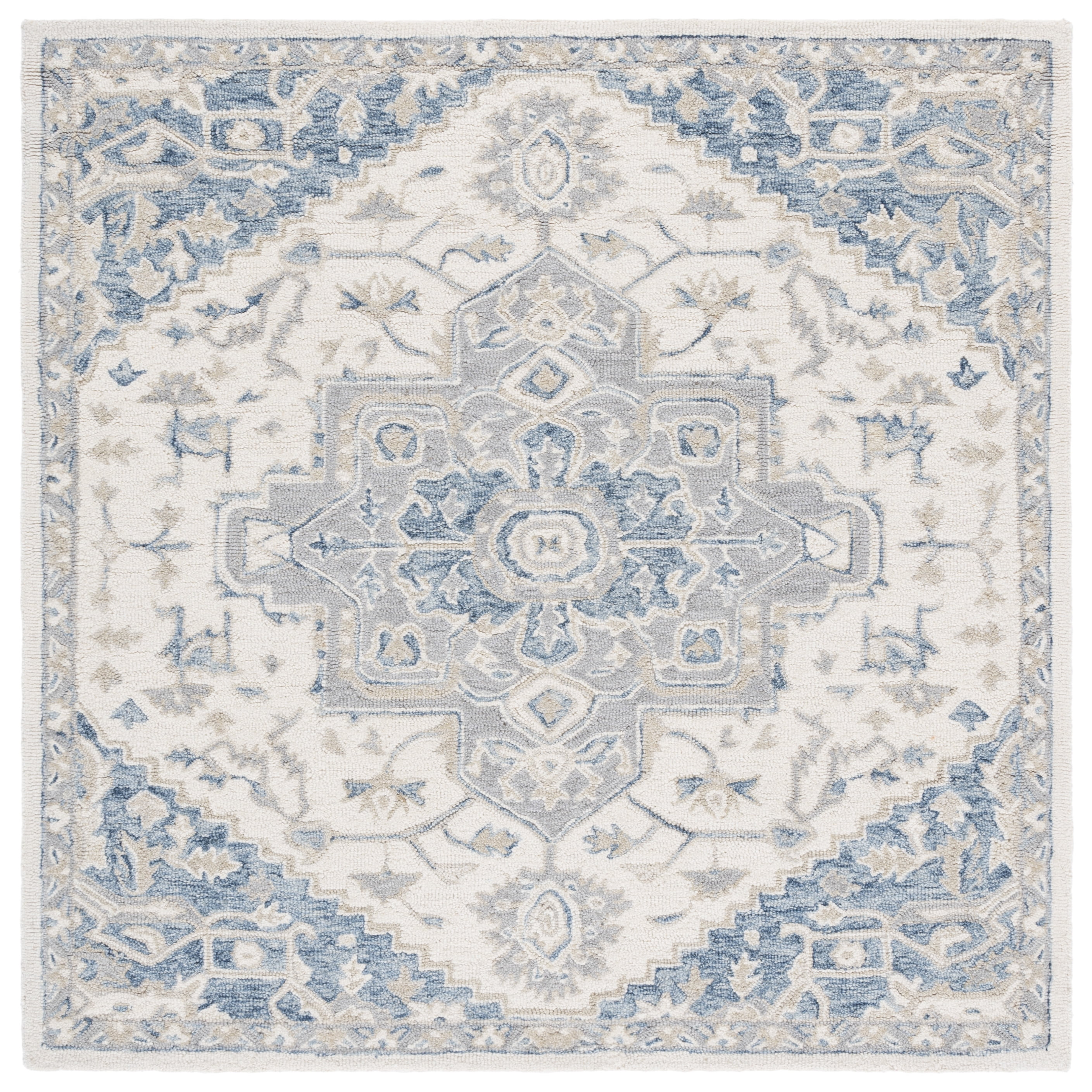 SAFAVIEH Micro-Loop Braylon Floral Area Rug, Ivory/Navy, 5' x 5' Square ...
