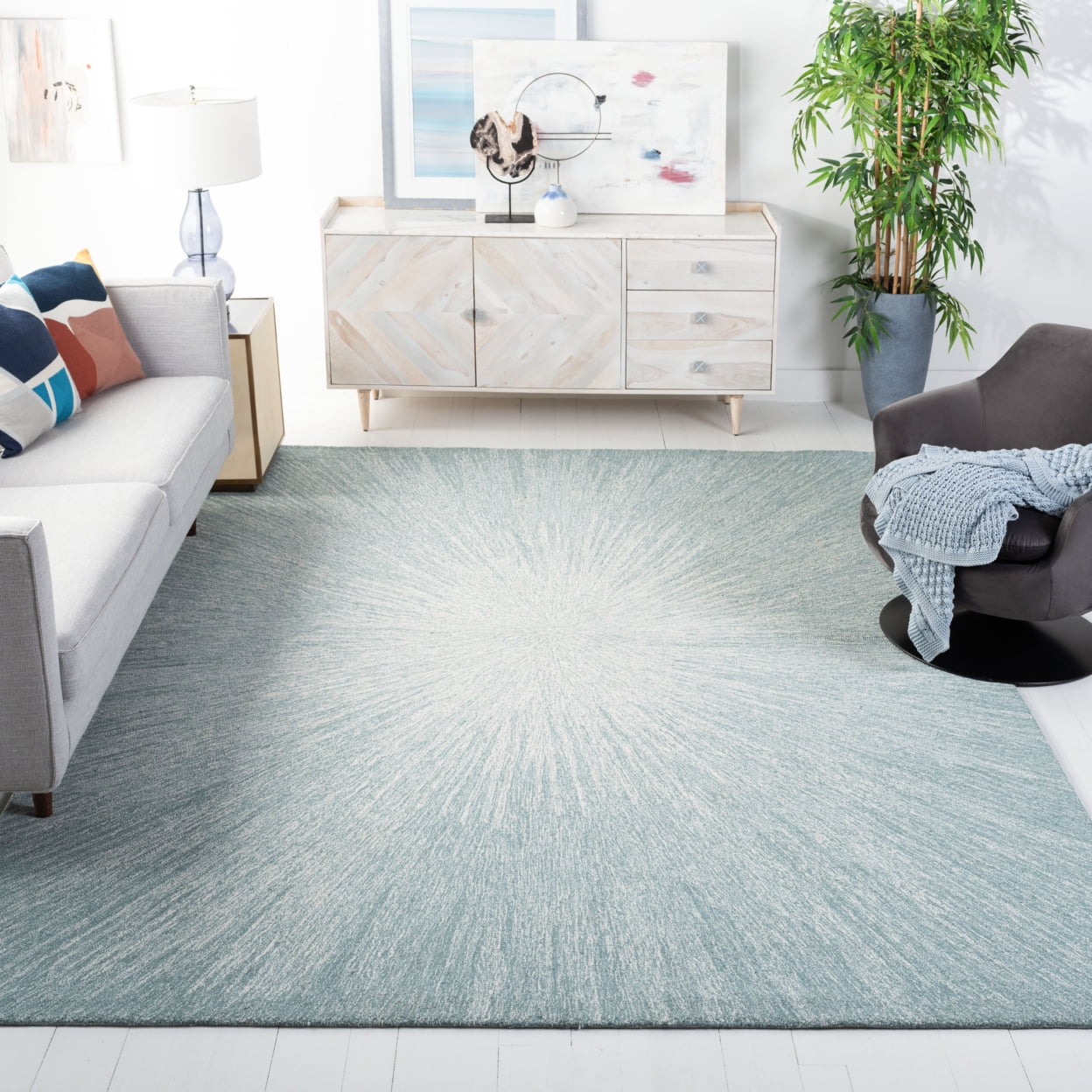 SAFAVIEH Micro-Loop Carbrey Sunburst Runner Rug, Aqua, 2'3" x 9 ...