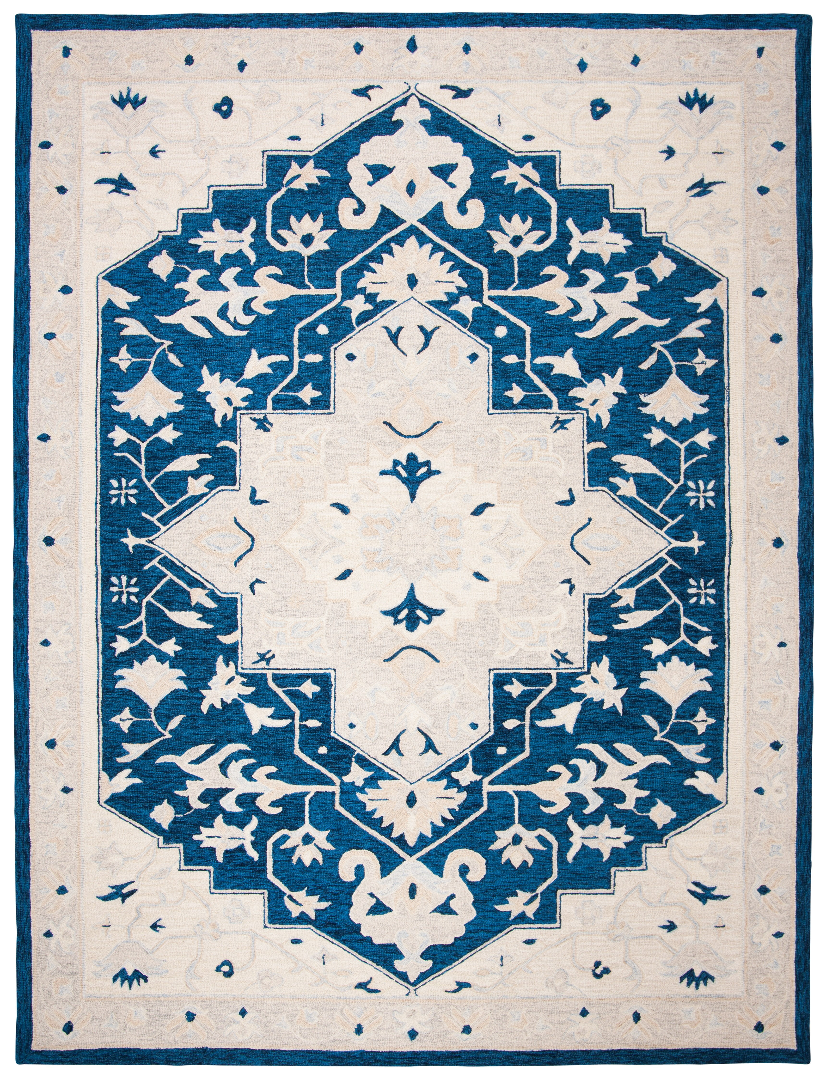 SAFAVIEH Micro-Loop Emilija Floral Bordered Wool Area Rug, Navy/Ivory ...
