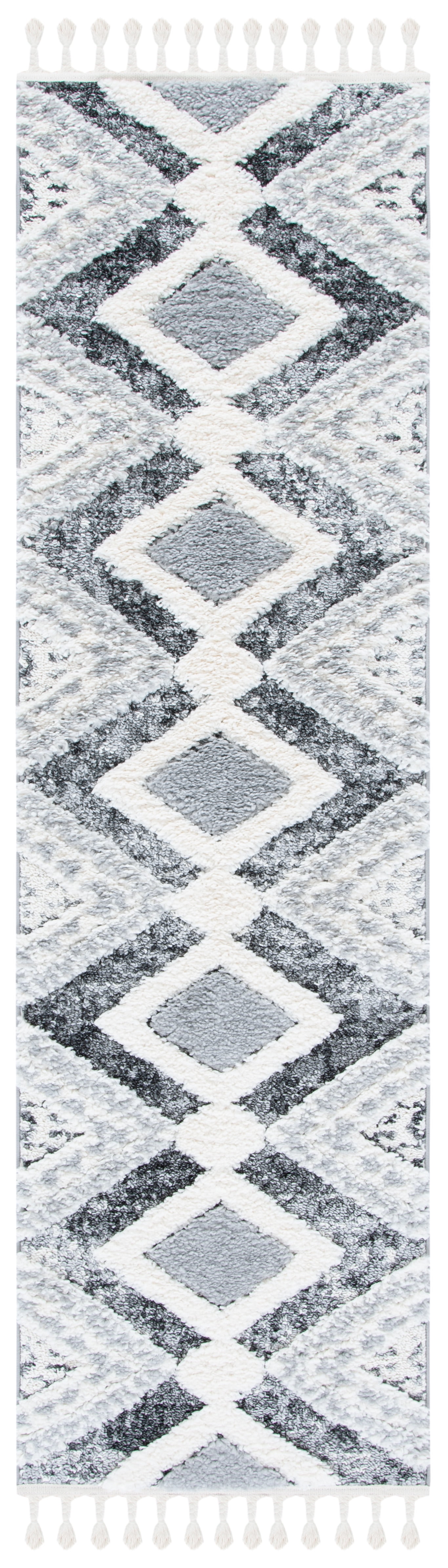 SAFAVIEH Moroccan Tassel Bronte Geometric Shag Runner Rug, Grey/Ivory ...